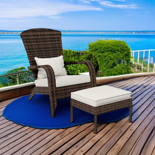Outsunny Patio Wicker Adirondack Chair with Ottoman, Outdoor Fire Pit Chair with Cushions, High-Back, Large Seat & Armrests for Deck, Garden & Backyard, Cream White