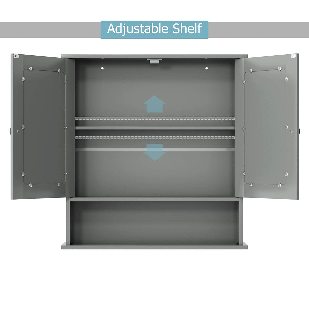 Salches Wall Mounted Bathroom 2 Mirrored Doors, Over-Toilet Hanging w/Shelves, Wooden Storage Organizer Medicine Cabinets, Grey