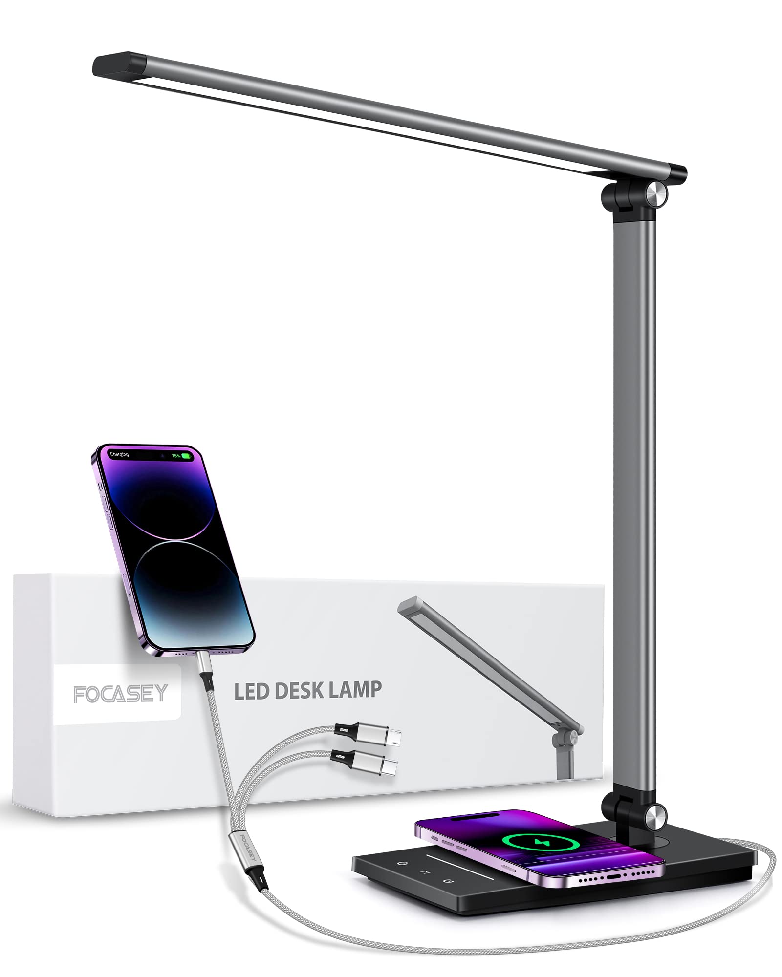 FOCASEY LED Desk Lamp with Wireless Charger,USB Charging Port,Eye-Caring Desk Lamps for Home Office,Touch Control Table Lamp with 25 Lighting Modes,Desk Light for Study,Reading,Office,Black