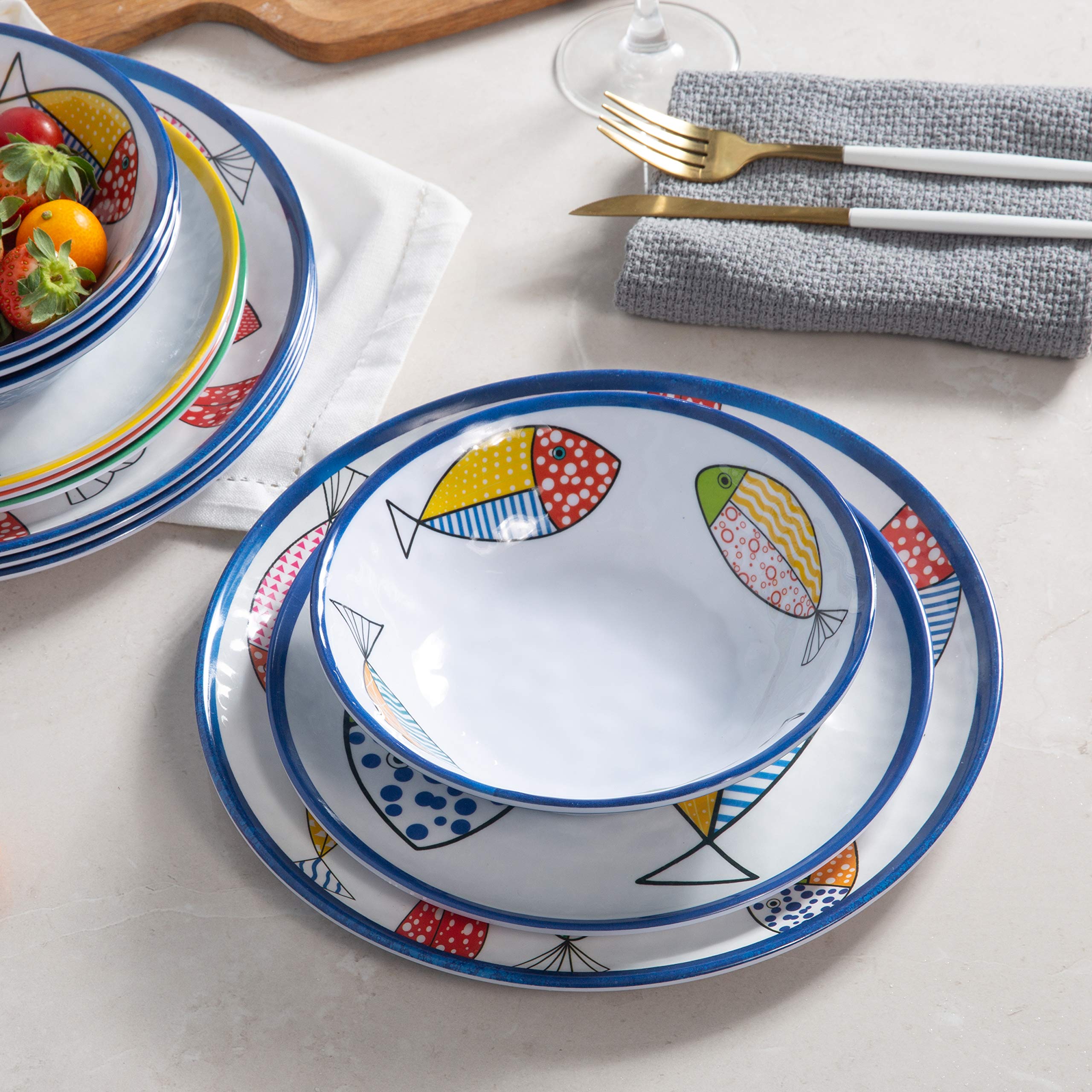 Gofunfun Melamine Dinnerware set for 4, Plates and Bowls Sets, Great for Camper, RV, Indoors Outdoors Use with Ocean Printed, Unbreakable