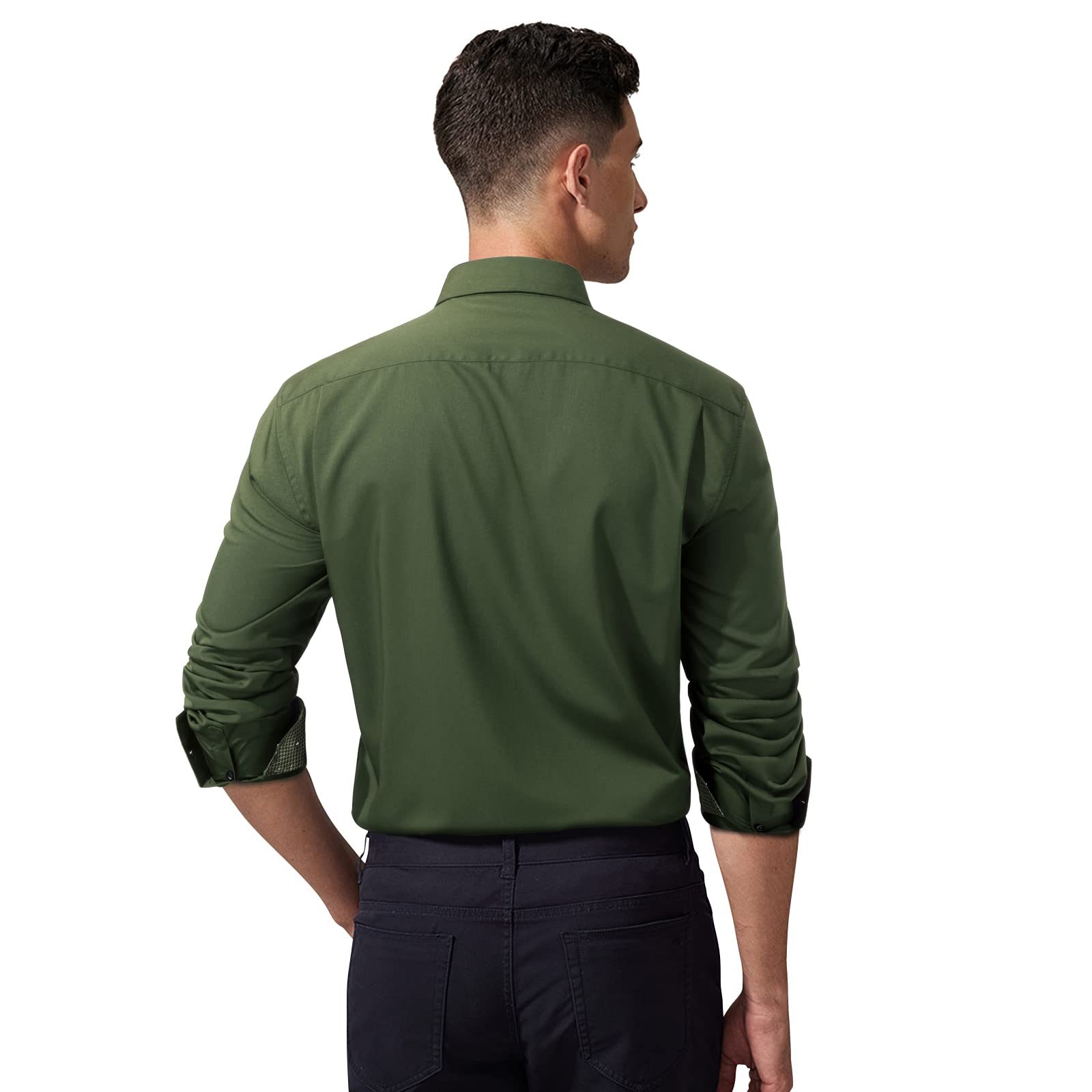 Enlision Green Dress Shirts for Men Long Sleeve Men's Casual Button-Down Shirts Houndstooth Inner Contrast Shirt Olive Regular Fit for Wedding Prom Party M