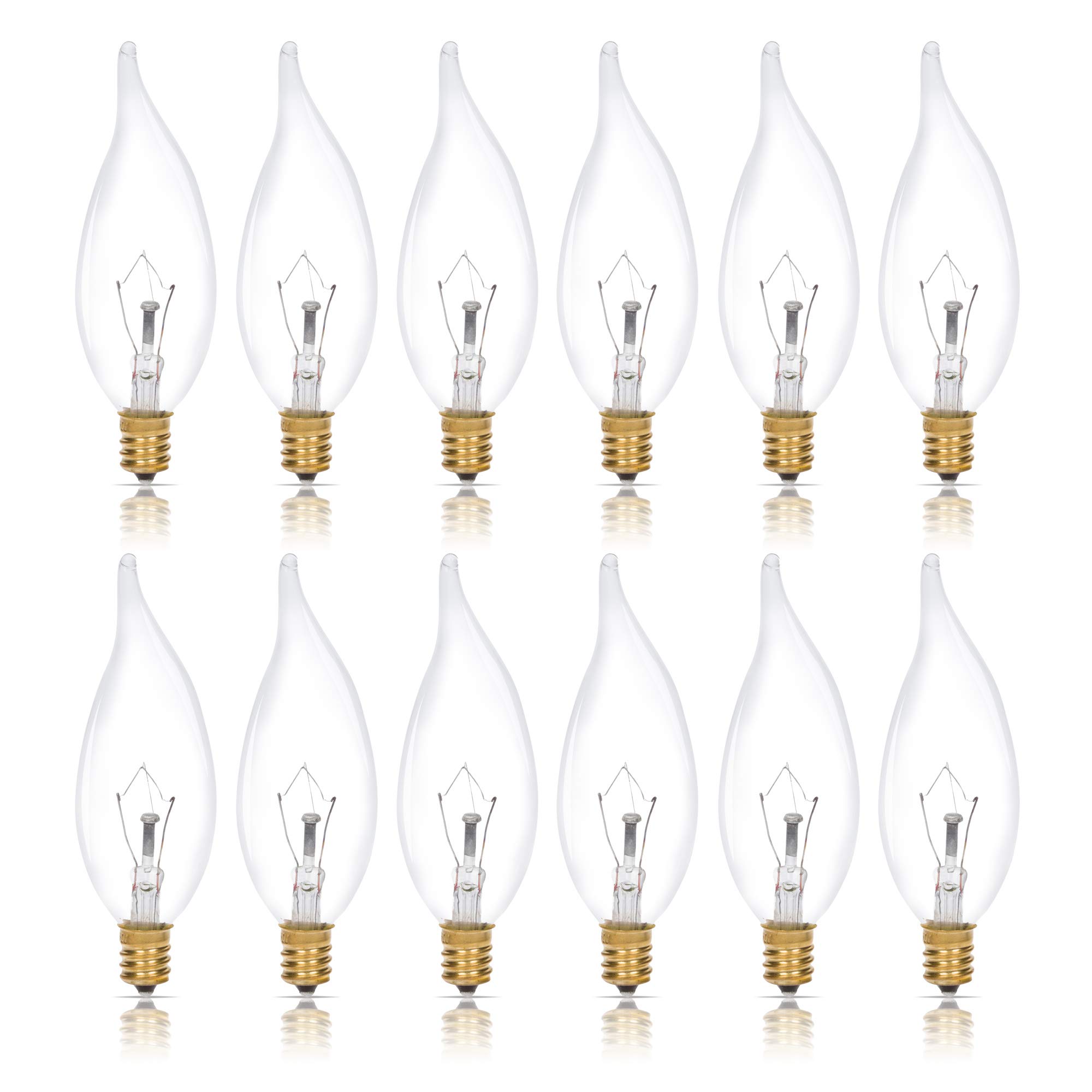 Simba Lighting Candelabra Flame Tip Clear CA10 25W E12 Base (12 Pack) Decorative Incandescent Light Bulbs 120V for Chandeliers, Ceiling Fan Lights, Pendants, Wall Sconces, Dimmable, Warm White 2700K