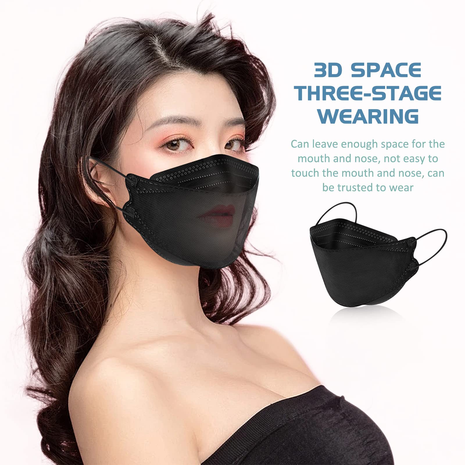 SOOQOO KF94 Face Mask, 50 Pcs, Elastic Ear Loop and Nose Clip, 3D Fish Type Mouth Shield, 4 Layer Protection, Individually Wrapped Disposable Mask for Adult, Black
