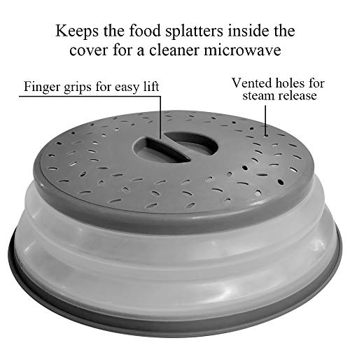 OUZIFISH Microwave Plate Cover 10.5 inch Collapsible Food Plate Lid Cover - BPA Free, Easy Grip, Microwave Plate Guard Lid With Steam Vent & Colander Strainer for Fruit (Grey)