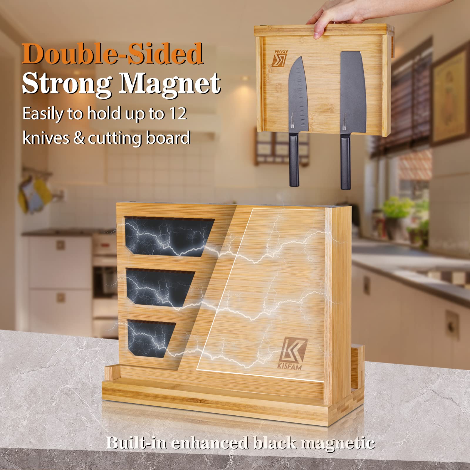 Magnetic Knife Block, Knives Holder Wooden Rack with Double Sided Magnetic and Transparent Acrylic Shield for Kitchen Multifunctional Storage (Without Knives&Cutting Board)