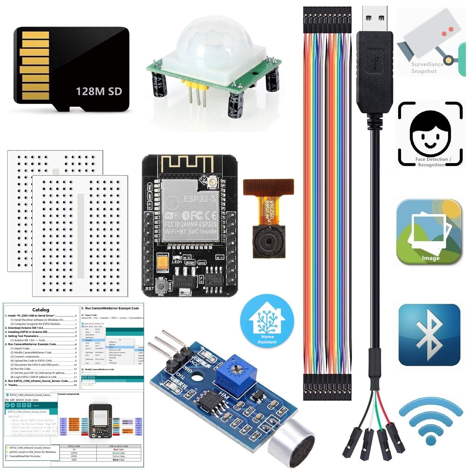 ESP32 CAM for Arduino Kits Monitor Snapshot Face Detection Recognition WiFi Bluetooth Camera Module with 128M SD Card USB to Serial Cable HC-SR501 Sound Sensor Compatible for Arduino IDE(Tutorial)