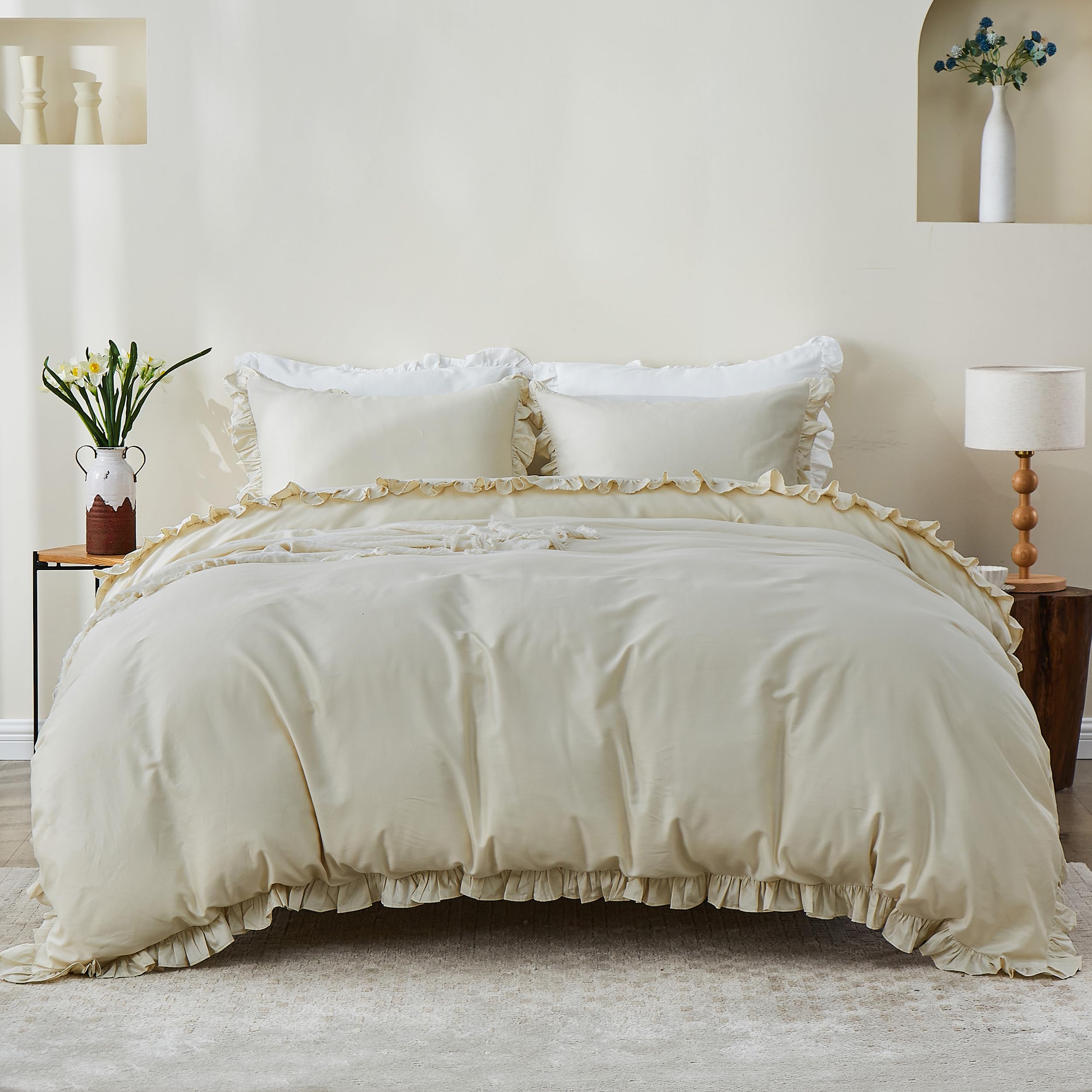 Simple&Opulence Kids 100% Organic Cotton Duvet Cover Ruffle- 3 Pcs (1 Comforter Cover 2 Pillowcases) Lace Shabby Chic High End Boho Floral Frill Bedding Set(Peach Pink,Queen)