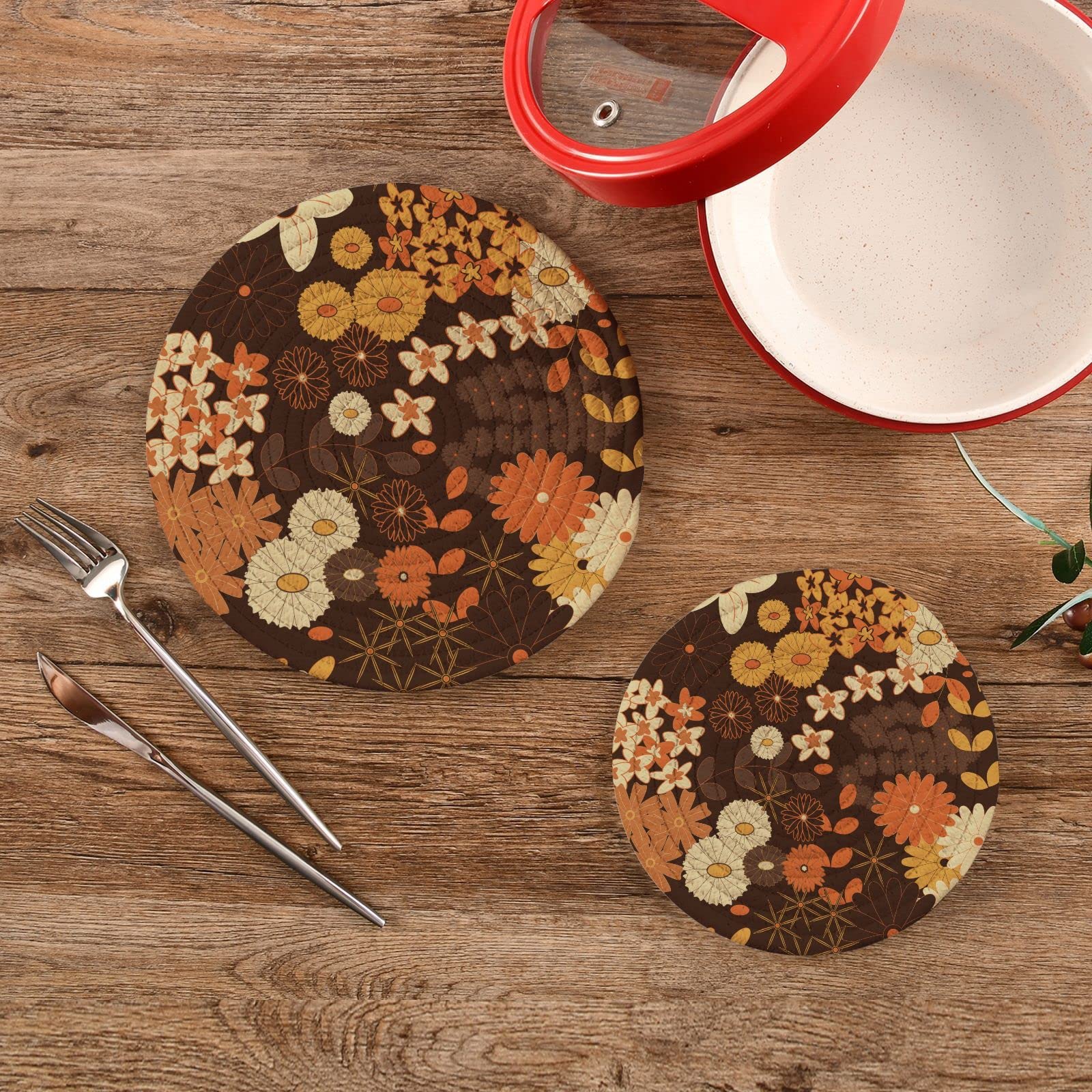 FOLIOSA Boho Flowers Cotton Pot Holder Trivets Set of 2, Handmade Hot Pads for Kitchen, Heat Resistant Durable Potholder for Dining Table, Round Cotton Rope Mats for Home Decor