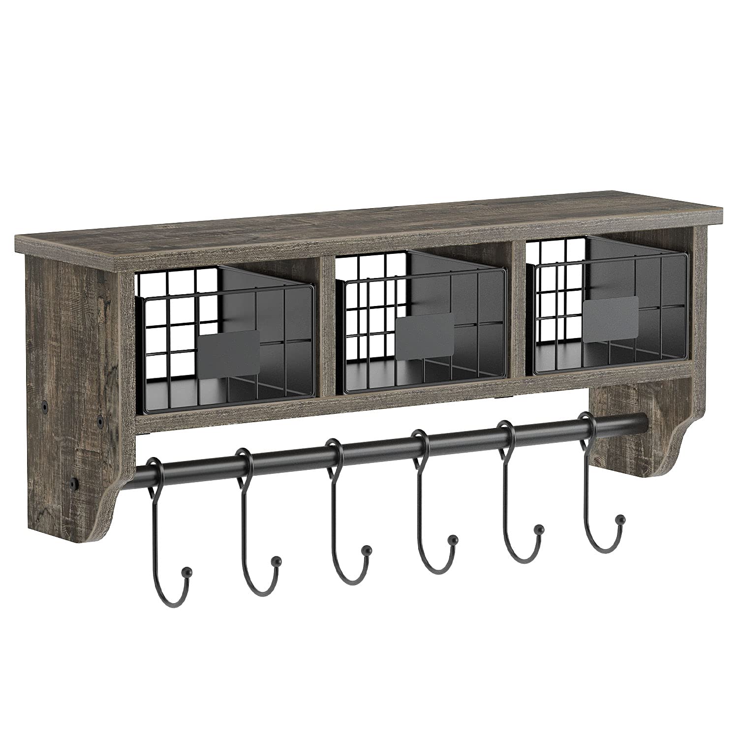 Rolanstar Wall Mounted Shelf with Hooks, Entryway Organizer Shelf with Storage Basket, Wall Mount Coat Rack with 6 Hooks, 24”Coffee Bar Hanging Shelf for Living Room,Bathroom,Kitchen,Grey