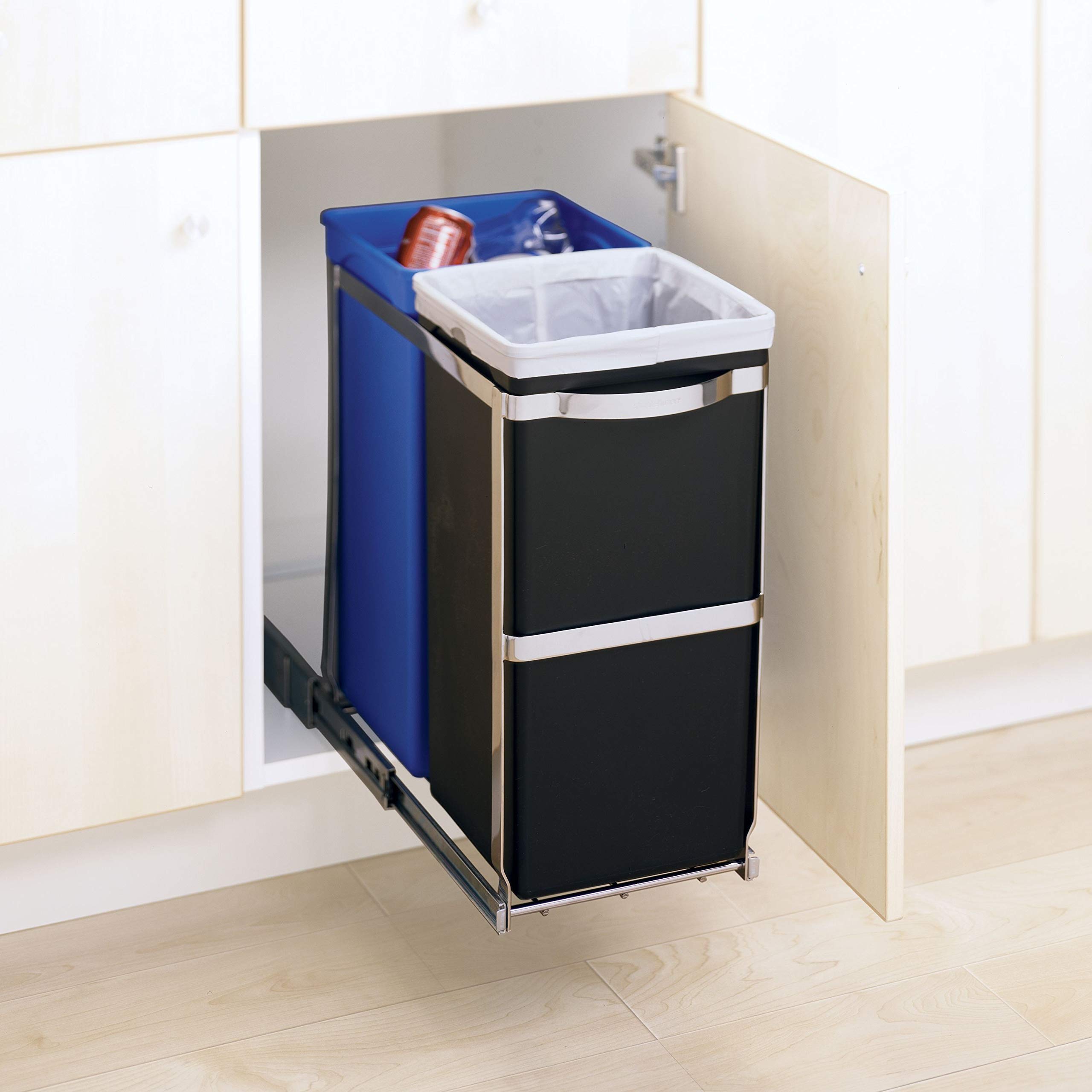 simplehuman 35 Liter / 9.3 Gallon Dual Compartment Under Counter Kitchen Cabinet Pull-Out Recycling Bin and Trash Can & 10 Liter / 2.6 Gallon in-Cabinet Trash Can Heavy-Duty Steel Frame, Black