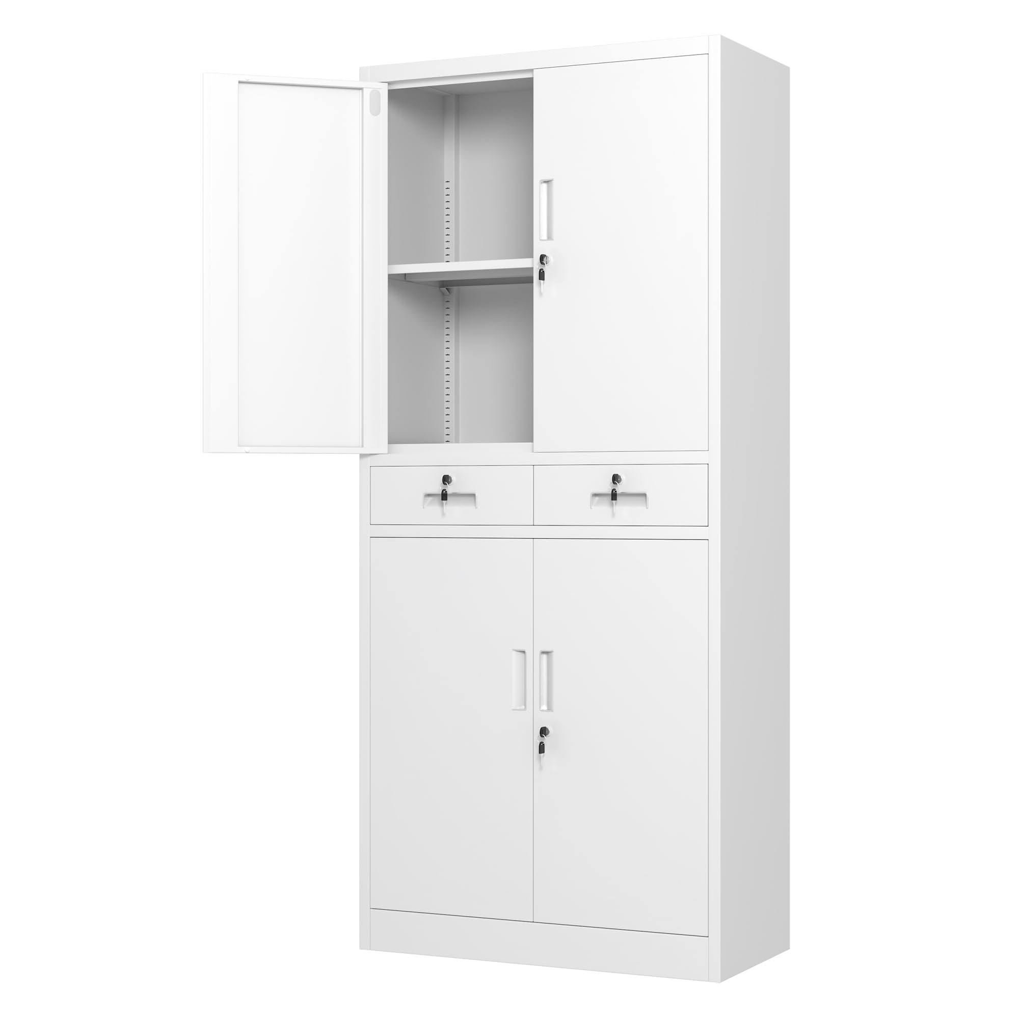 JINGUR Metal Storage Cabinet with Locking Doors and 2 Drawers, Lockable Steel Storage Cabinets with Adjustable Shelves for Home Office Garage Kitchen Pantry (Black)