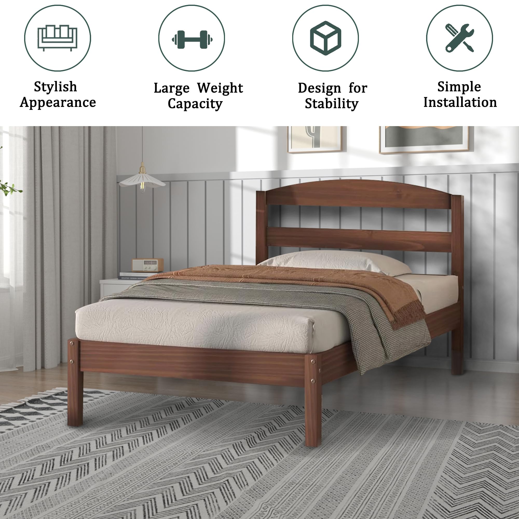 KYLE & KAY Twin Bed Frame with Wooden Headboard, Solid Pine Platform Bed with Wood Slat Support, Farmhouse Bed for Bedroom, Guest Room, No Box Spring Needed, Easy Assembly, Mahogany