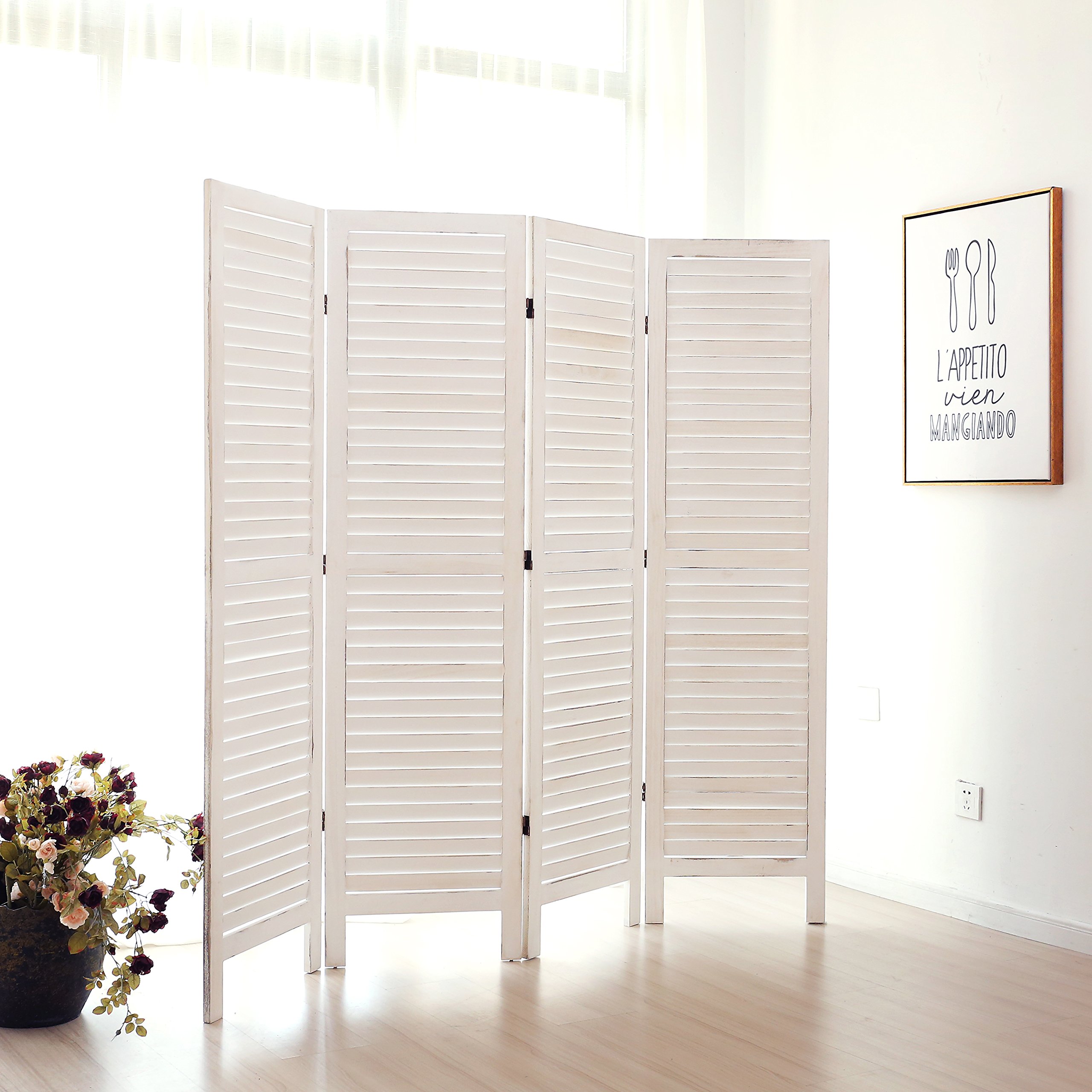 MyGift Whitewashed Wood 4 Panel Room Divider Wall Partition Screen, Folding Louvered Design