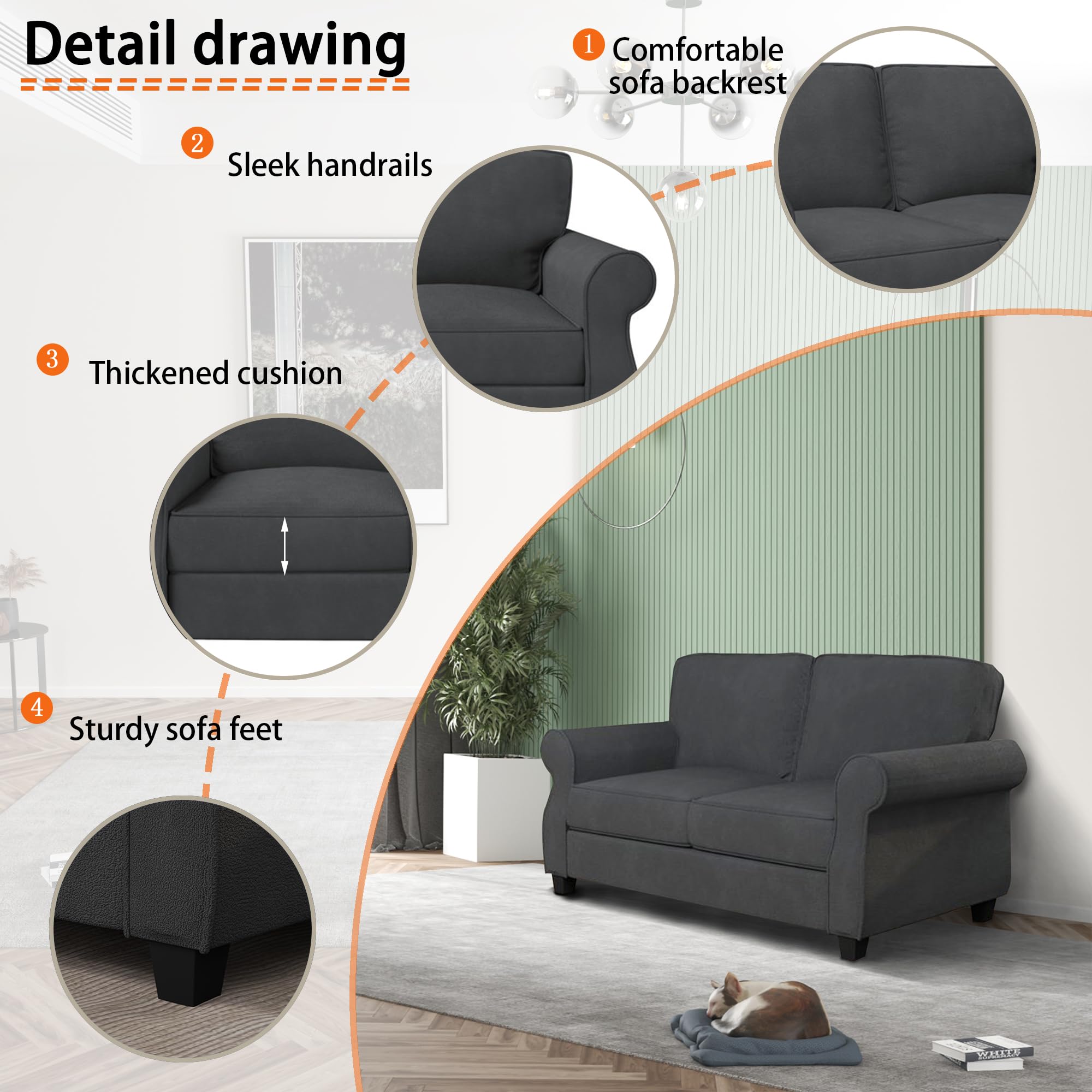 KYLE & KAY Modern 2 Seater Sofa Couch, Upholstered Small Sofa with Solid Wood Frame, Sectional Love Seat Couch for Living Room, Bedroom, Office, Apartment, Dark Gray