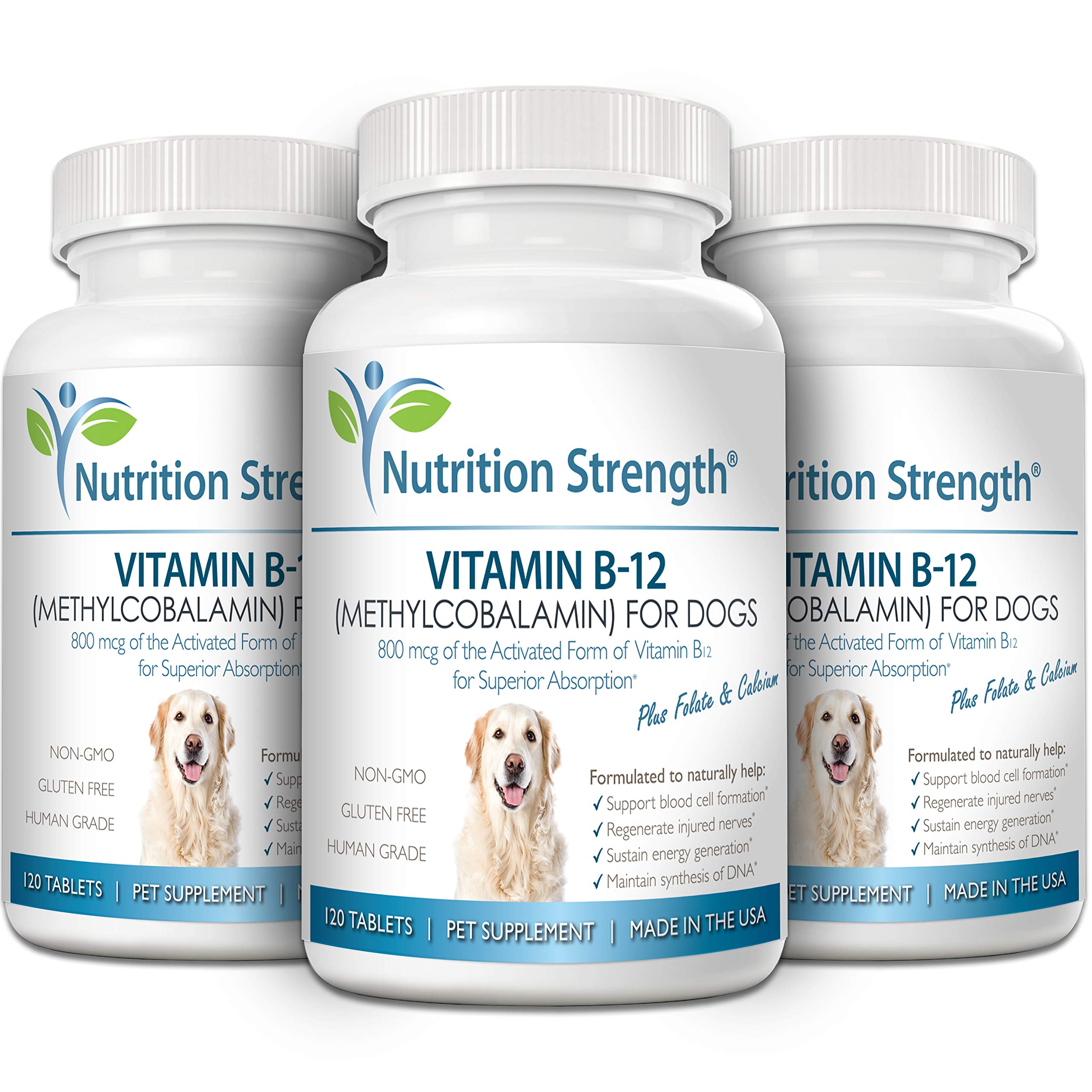 Nutrition Strength Vitamin B12 for Dogs Plus Folate & Calcium, Support the Nervous System & Blood Cell Formation, Help Sustain Cellular Energy Generation & Maintain DNA Synthesis, 120 Chewable Tablets