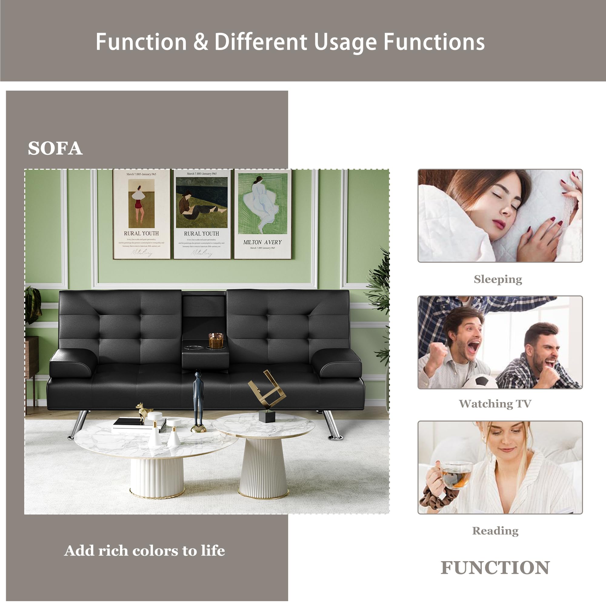KYLE & KAY Convertible Sofa Bed, Upholstered Comfy Couch with Adjustable Backrest, Modern Sleeper Sofa for Living Room, Bedroom, Office, Apartment, Black