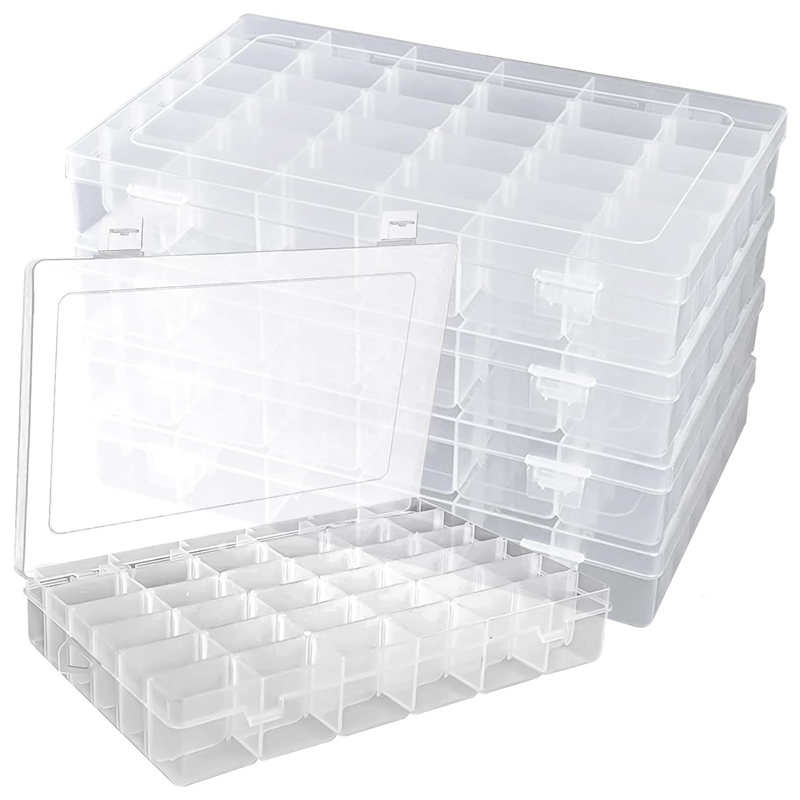 MdakeGo 5 Pack 36 Grids Clear Plastic Organizer Box Container, Small Craft Storage with Adjustable Dividers, Fishing Tackle Box Organizer for Beads Art DIY Crafts Jewelry Screw