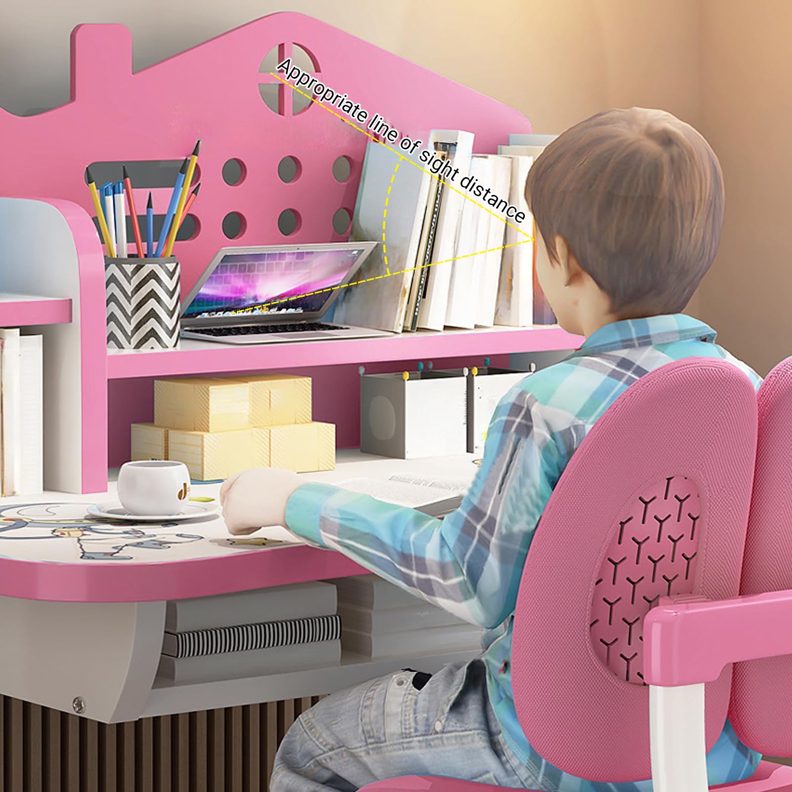 NUZYZ Kids Desk and Chair Set, Adjustable Height Kids Desk with Storage and Drawers Girls Desk Pink Writing Reading Drawing