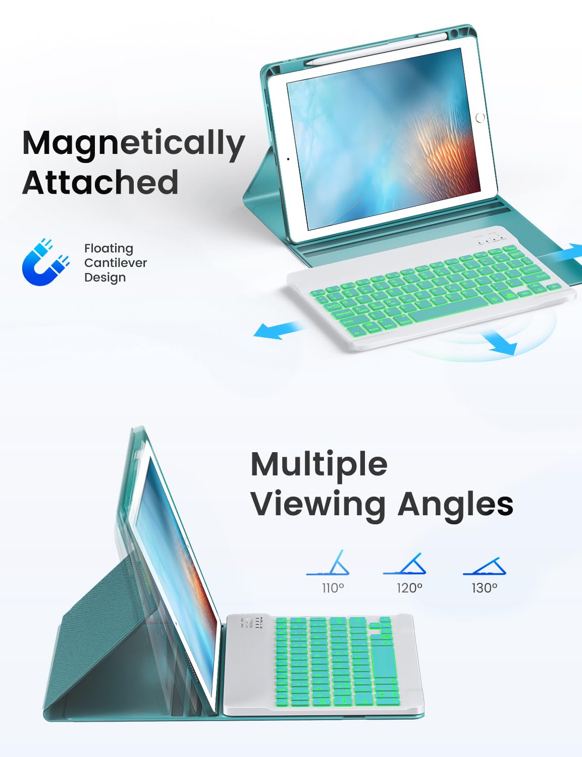 OYEEICE Keyboard case for iPad 9.7 inch, iPad 6th Gen (2018), iPad 5th Gen (2017), iPad Air 2 (2014) - 7 Color Backlit Wireless Keyboard with Pencil Holder for iPad 6th/5th Pro 9.7'' Air 2/1 - Teal