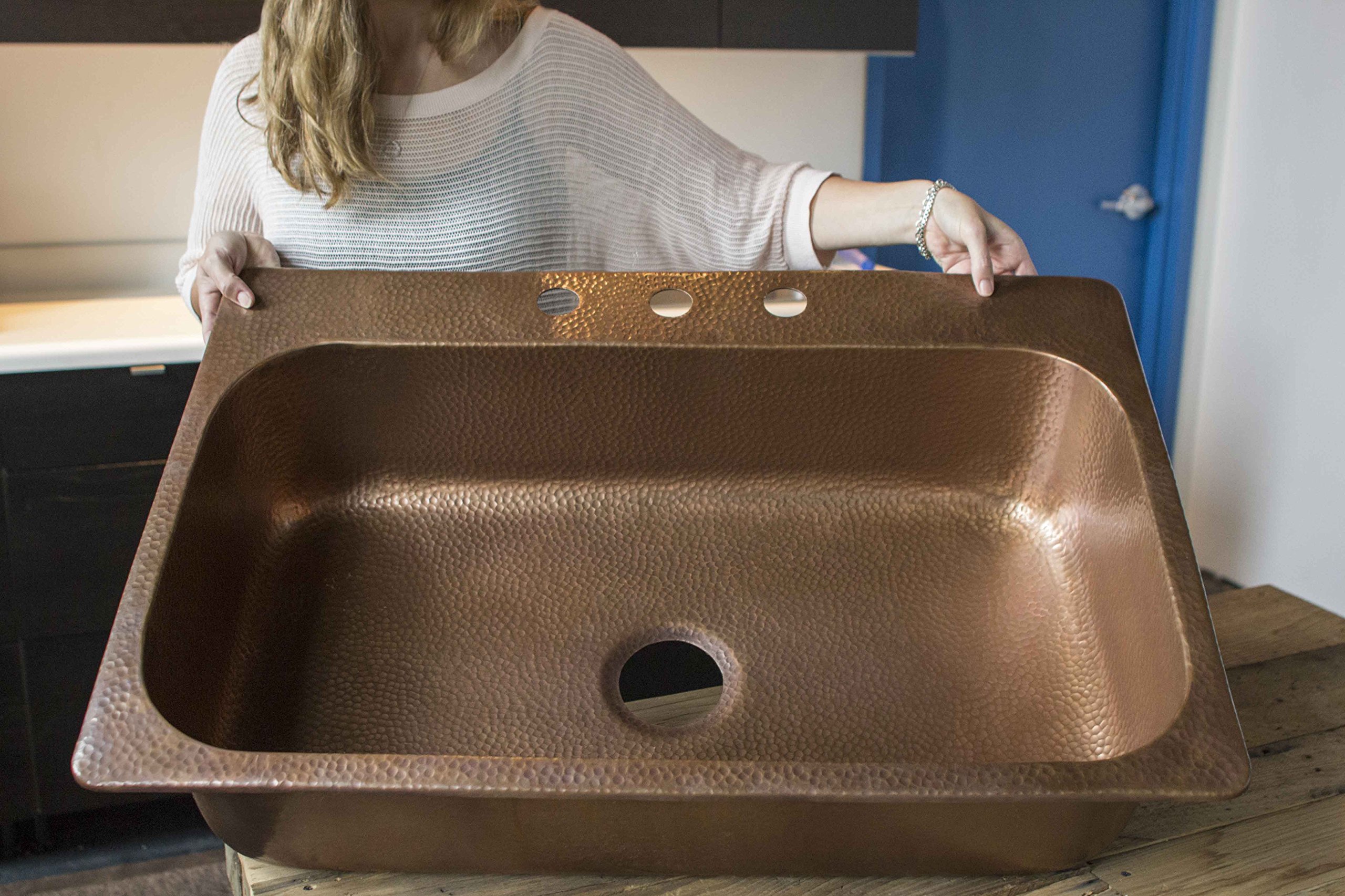 Sinkology SK101-33AC Angelico Drop-In 33-inch 3-Hole Single Bowl Copper Kitchen Sink