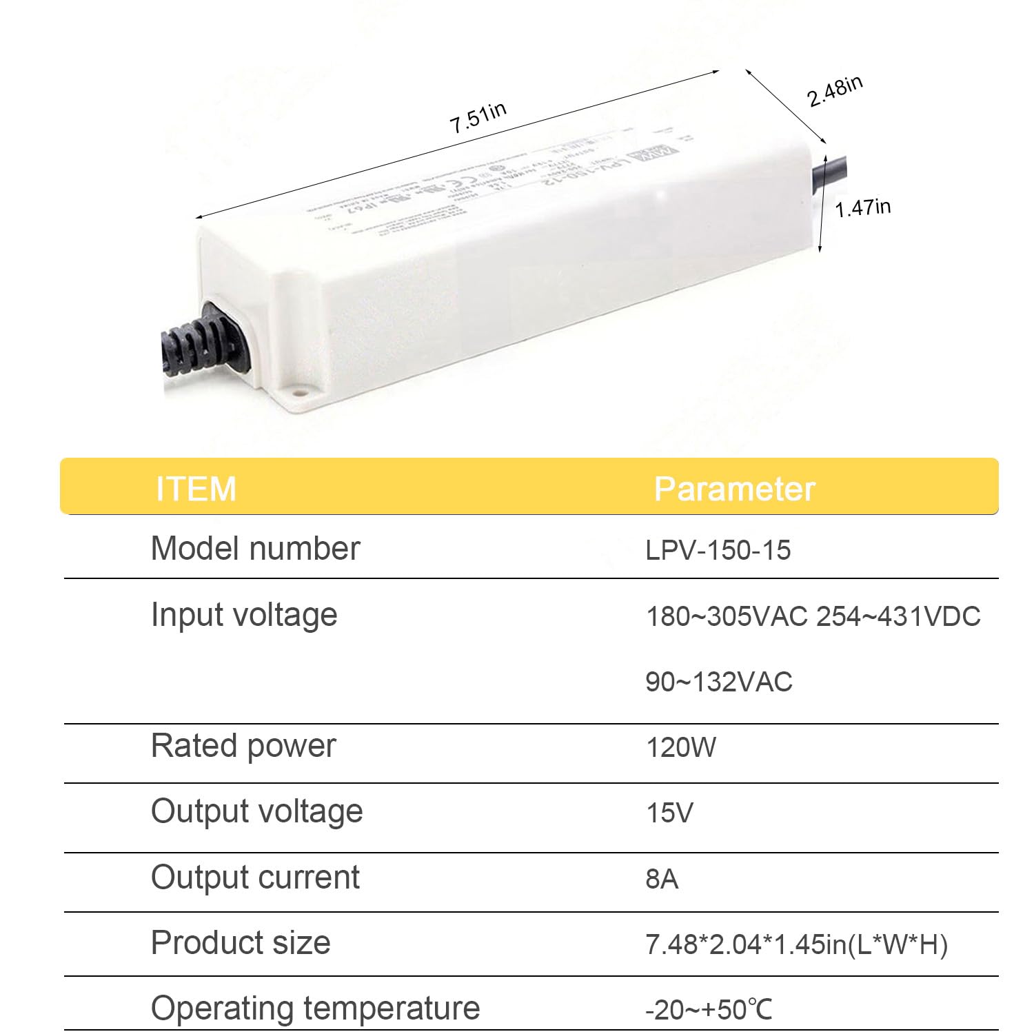 Mean Well LPV-150-15 15V 8A 120W Single Output Switching Power Supply, Universal AC Input, Industrial-Grade, for LED Signage, Automation Systems, Test Instruments