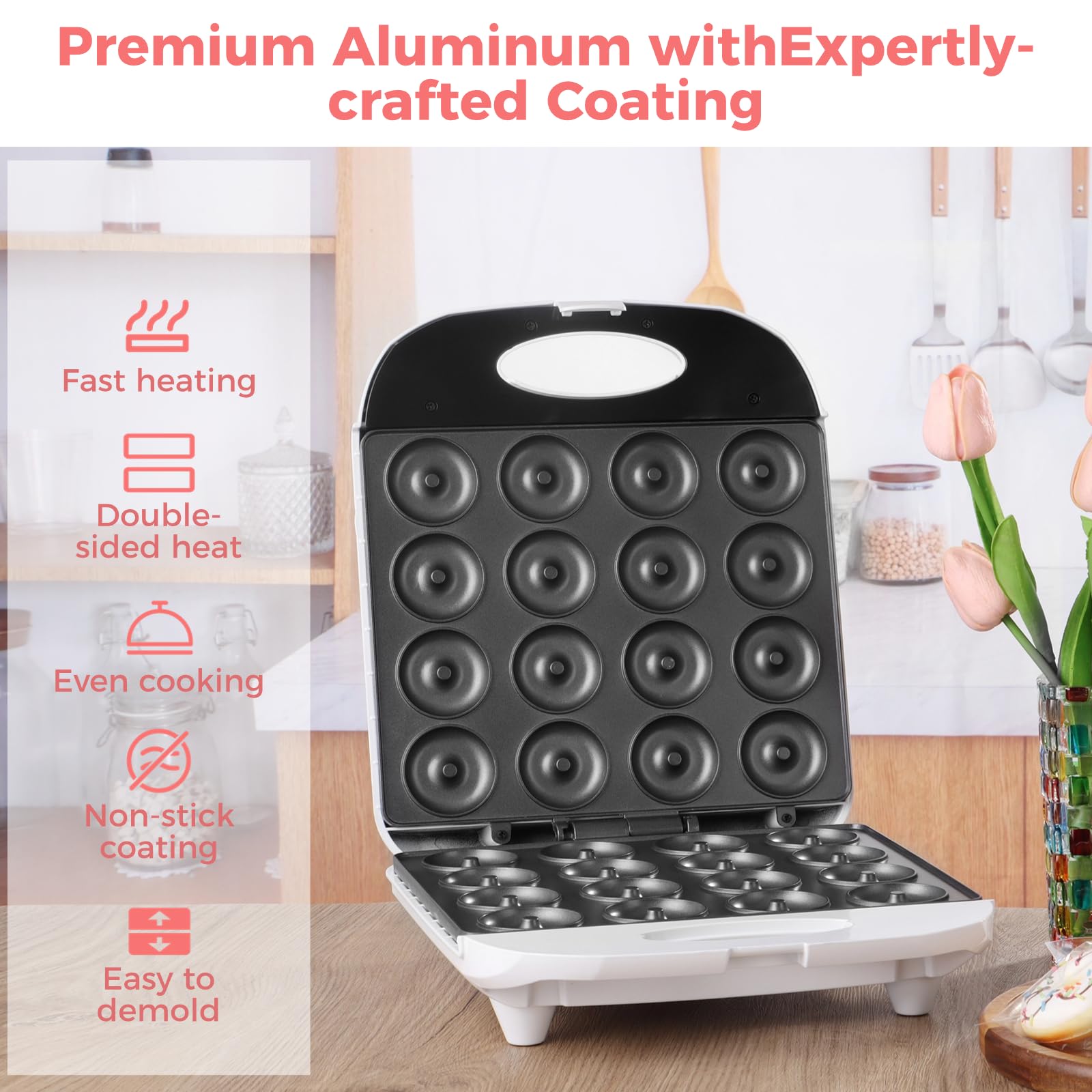 Mini Donut Maker, 16 Holes Small Doughnuts Maker Machine, 1400W Donut Maker Machine with Non-Stick Coating, Double-Sided and Quick Heating, US 110V, White