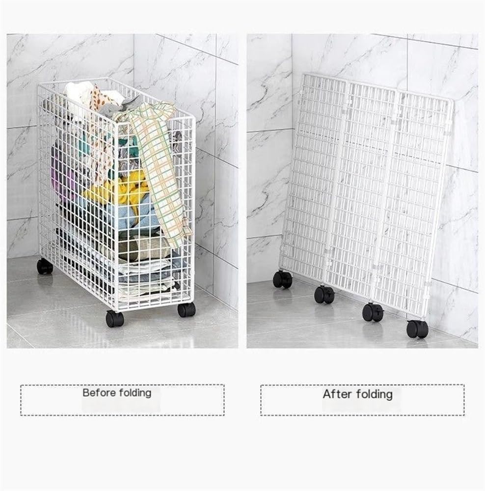 MAGUZA Iron Wire Laundry Hamper, Collapsible Clothes Hamper with Hooks and Baskets, Metal Rolling Laundry Cart for Bathroom (Color : Golden, Size : 38 * 20.5 * 53cm)