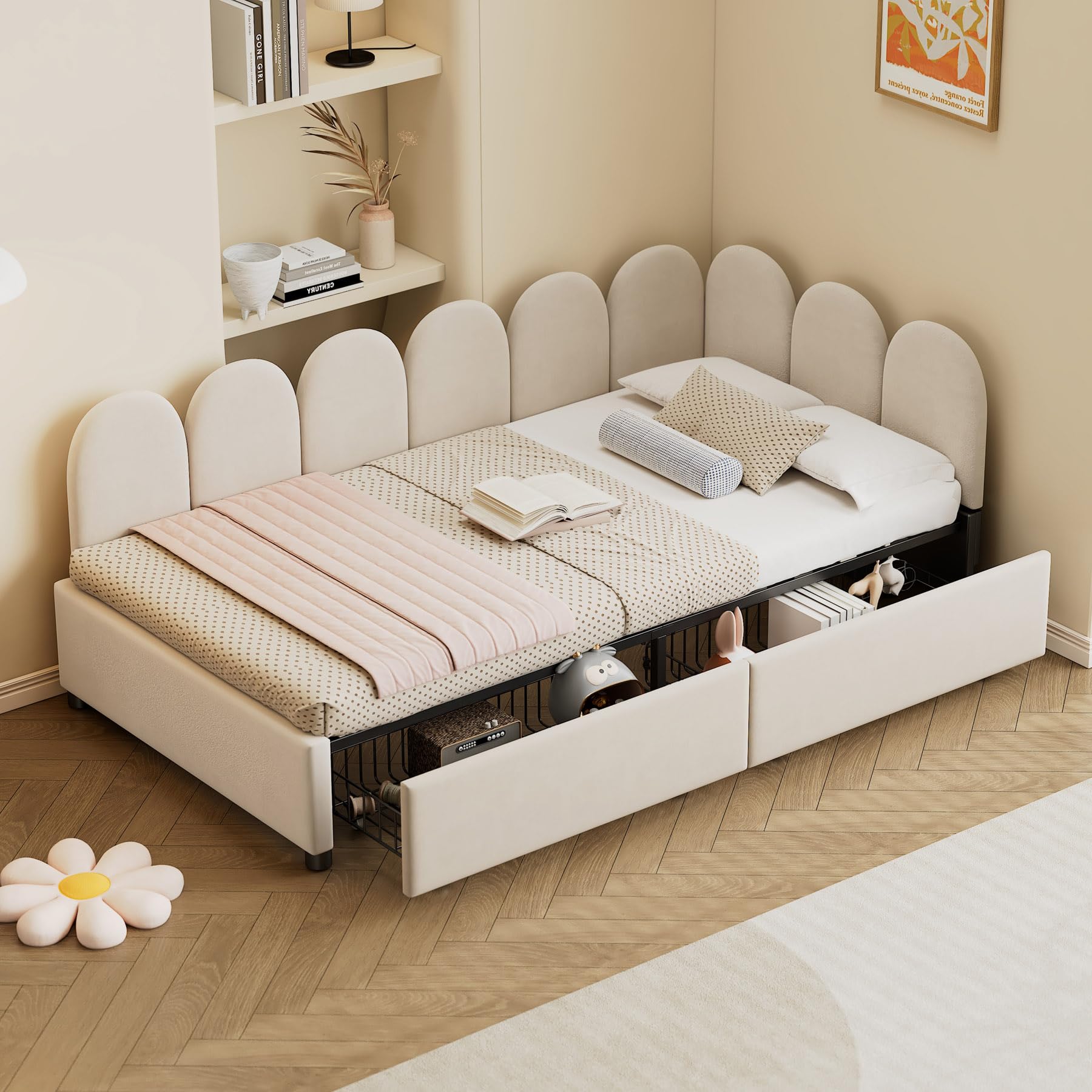 Nahenduo Twin Size Velvet Daybed with 2 Storage Drawers, Upholstered Corner Bed Frame with Arch-Shaped Headboard for Kids Girls and Boys, No Box Spring Needed (White, Twin)