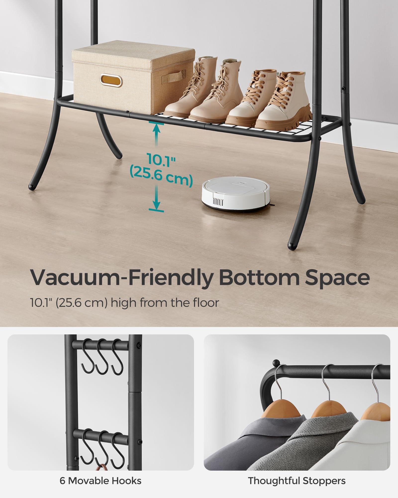SONGMICS Clothes Rack, Clothing Rack with Shelves, Garment Racks Heavy Duty, Double Rod Clothes Rack with 6 Hooks, Clothes Storage and Display, for Living Room, Bedroom, Ink Black UHSR109B01