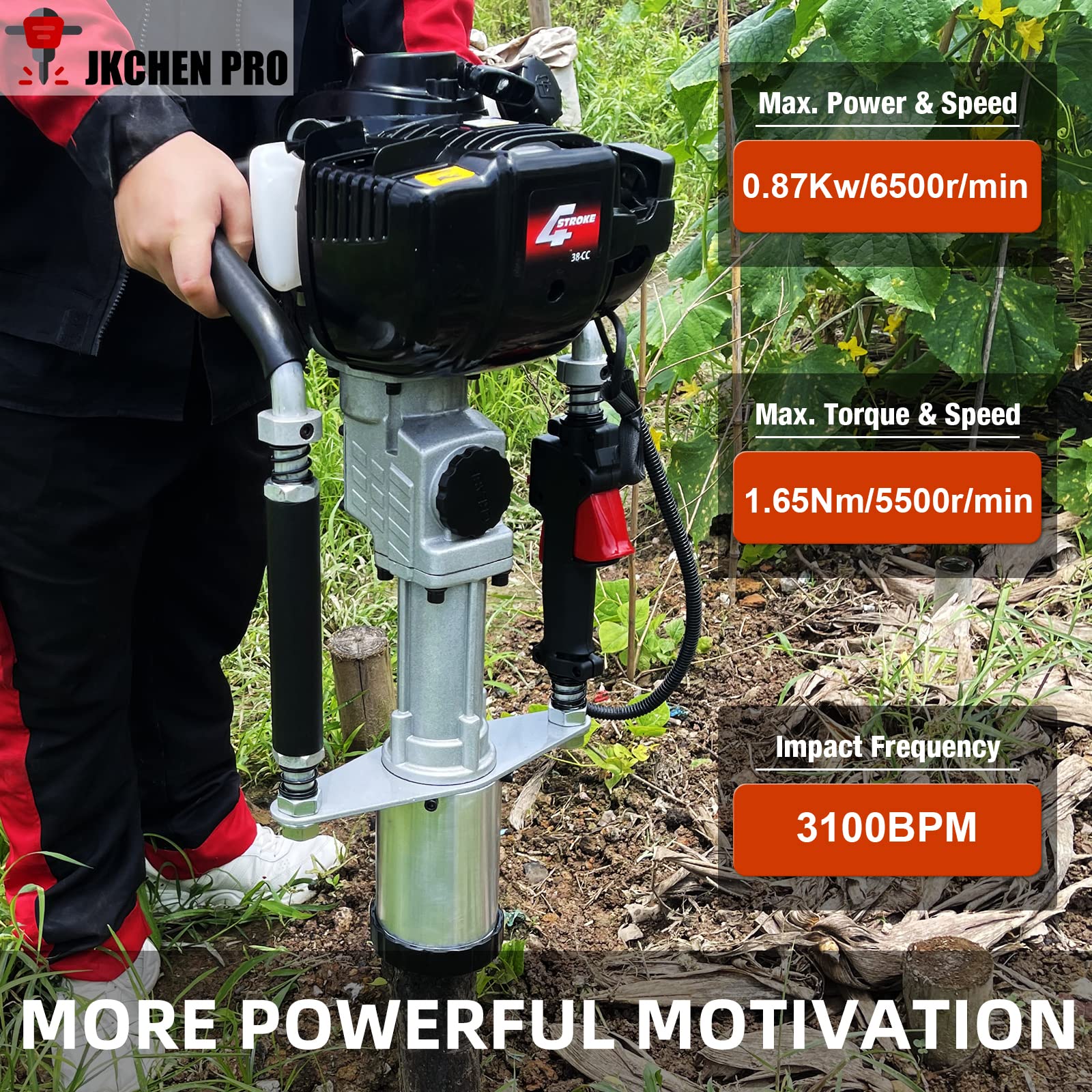 JKCHEN PRO 4 Stroke Gas Powered T Post Driver Hammer Drill, 37.7CC Air Cooling Single Cylinder Gasoline Petrol Fencing Tool with 3 Post Driving Head - 45mm,55mm,88mm pile sleeve