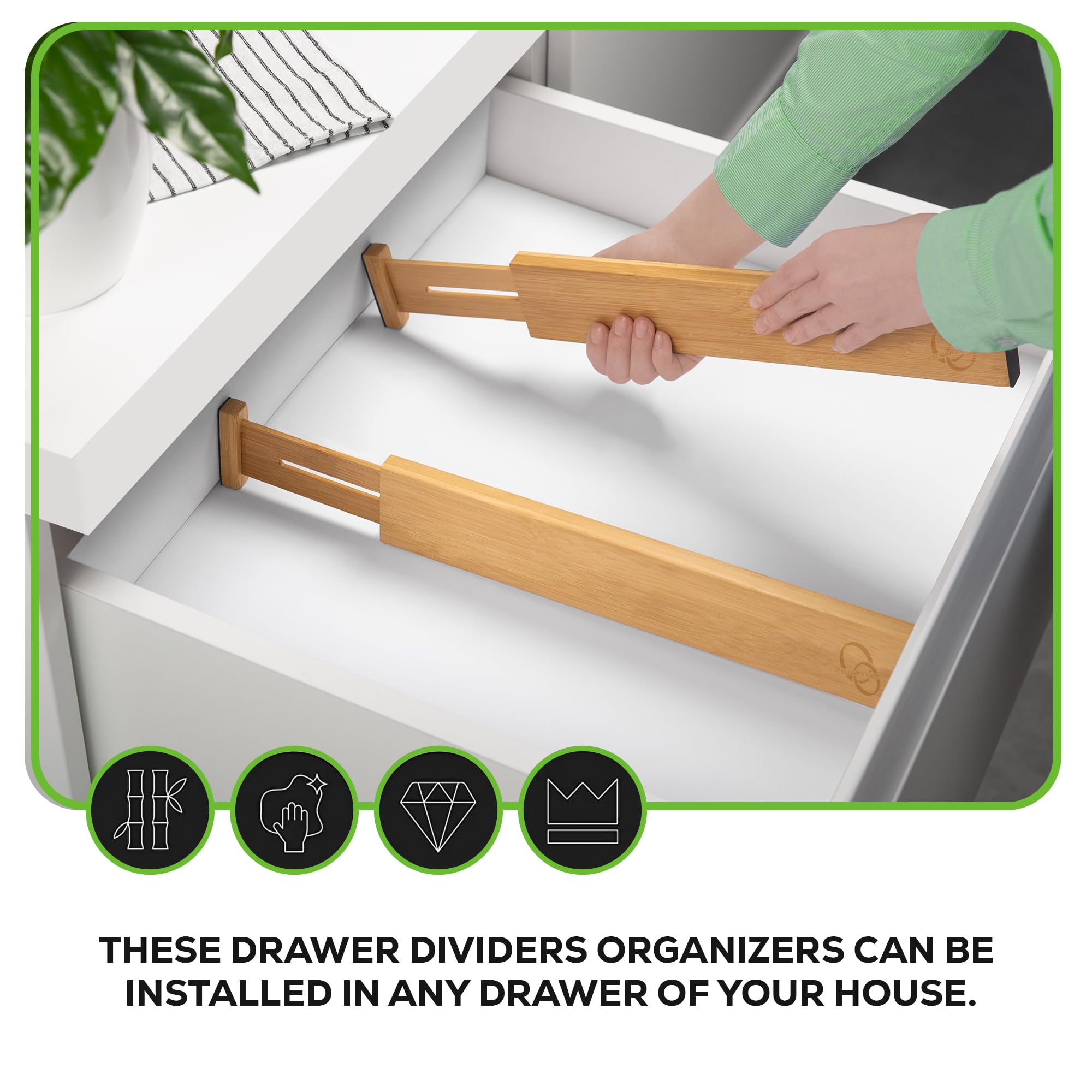 OASIS 4-Pack Bamboo Drawer Dividers Expandable, Kitchen Drawer Organizer, (13.75"- 17") Spring Loaded Drawer Separators, Wooden Drawer Organizer, Adjustable Drawer Dividers for Clothes, Home & Office