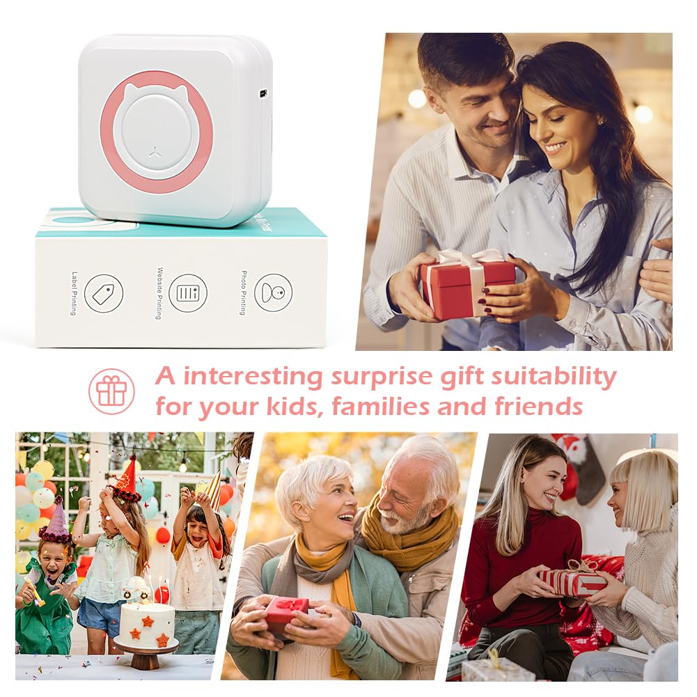 Mini Sticker Printer for iPhone, Portable Mini Pocket Printer, Smart Inkless Thermal Printer with 13 Roll Papers, Bluetooth Mini Printer for Notes, Photos, Stickers, Picture, Labels, Receipts (Pink)