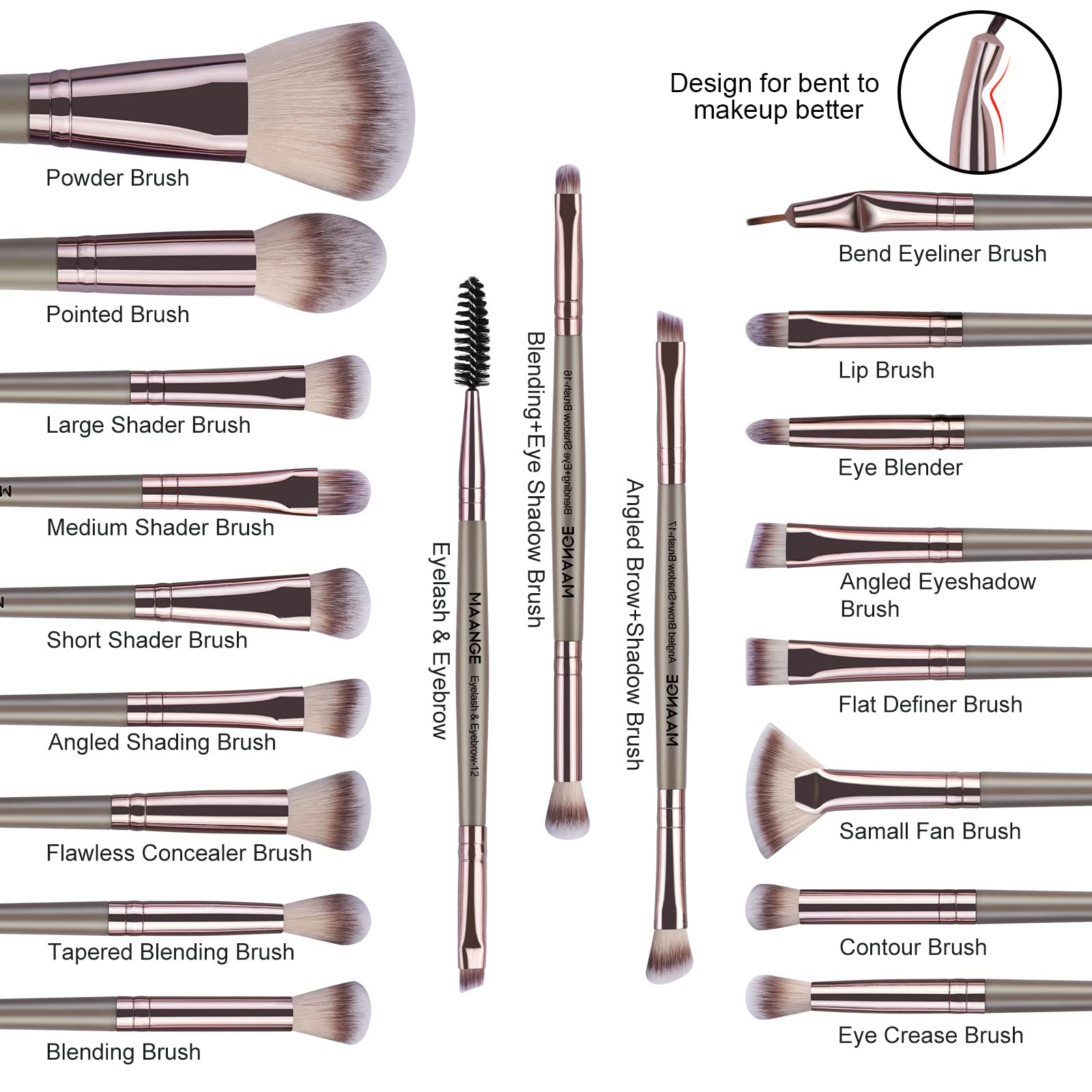 Makeup Brushes 20 Pcs Makeup Brush Set, MAANGE Premium Synthetic Powder Concealers Eye Shadows Eyeliner Make Up Brushes (Champagne)