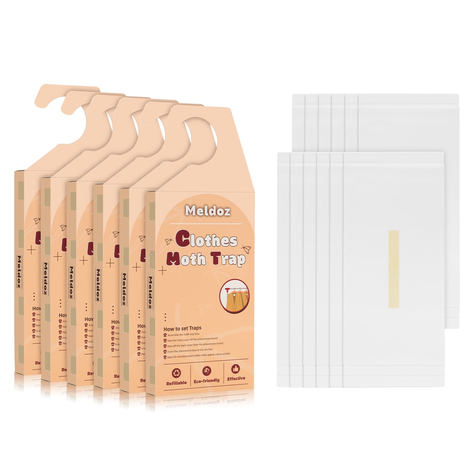 Meldoz Clothes Moth Traps with Powerful Pheromones, Non-Toxic & Odor-Free Sticky Moth Traps for Clothes & Closets, Refillable 6-Pack