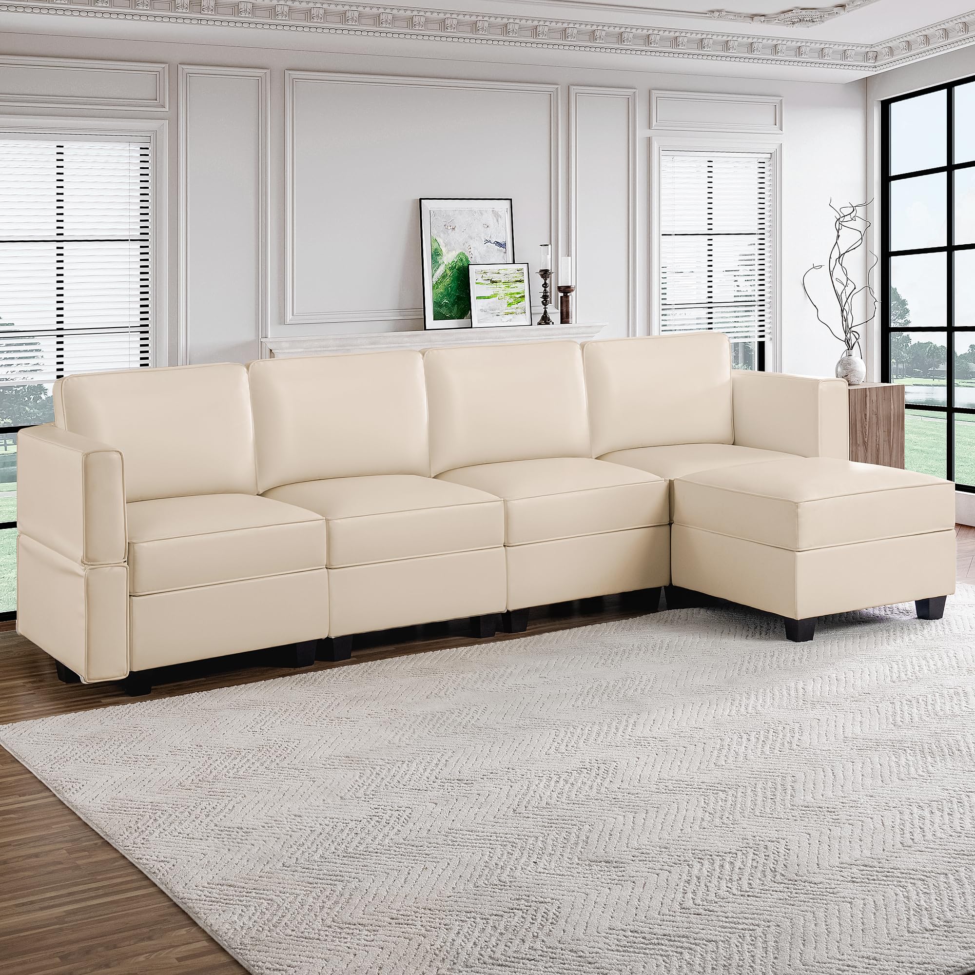 Naomi Home Sarah L-Shaped Sofa with Storage Seat Fabric Modular Sectional Couch Reversible Chaise L Couch Sectionnal Sofa, White, Air Leather