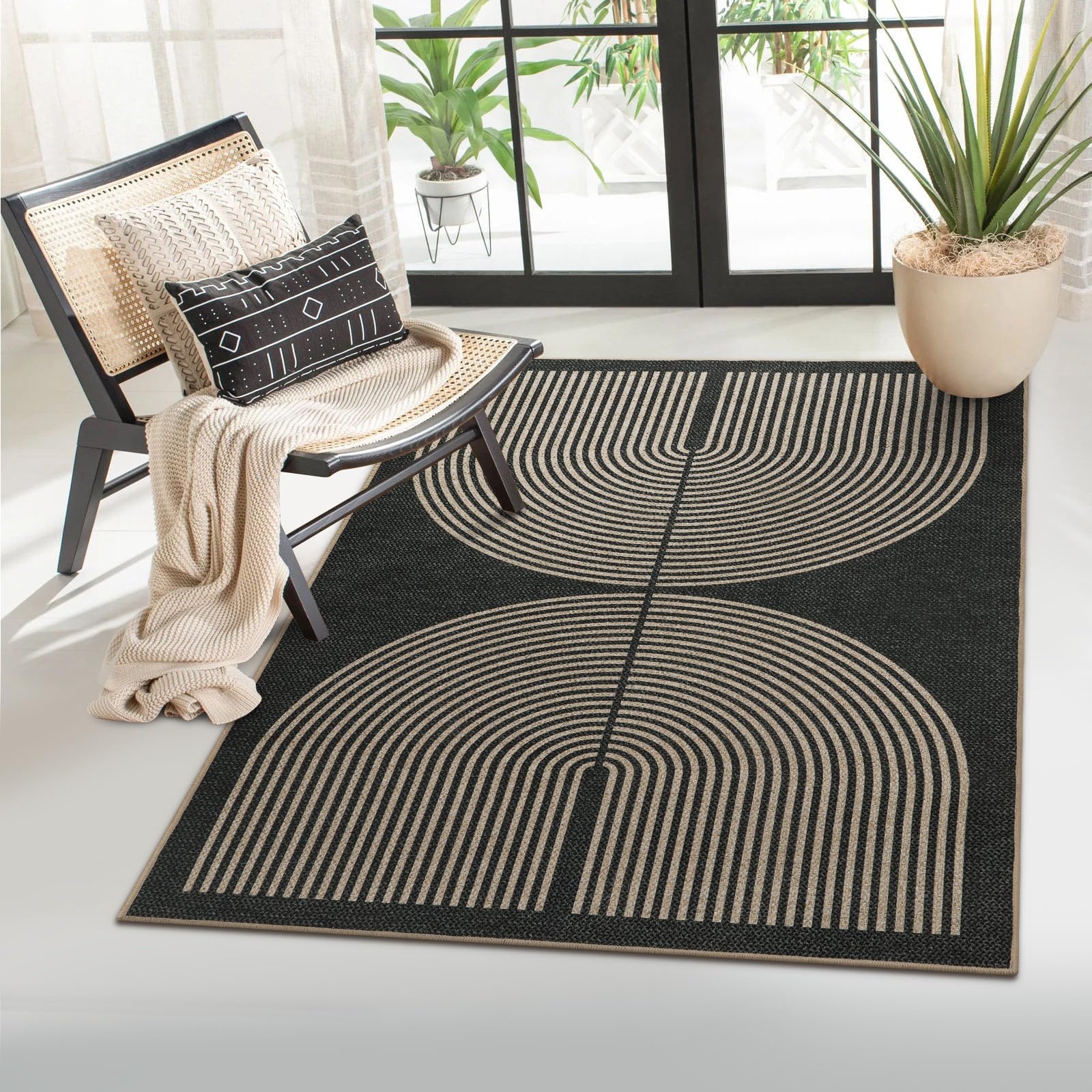 Lahome Modern Rainbow Easy Jute Rug, 3x5 Patio Rugs Washable Rugs for Entryway Farmhouse Black Classroom Office Rug, Non Slip Indoor Door Mat Contemporary Outdoor Porch Rug for Guestroom Room Decor