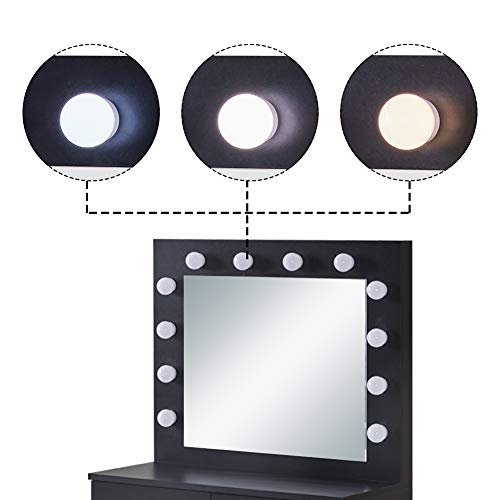 OFCASA Vanity Desk with Mirror and Lights, Vanity Set with 3 Colors Lights, Makeup Table with Mirror and Chair, Adjustable Nightstand, Solid Wood Legs, Bedroom Dressing Table (Black)