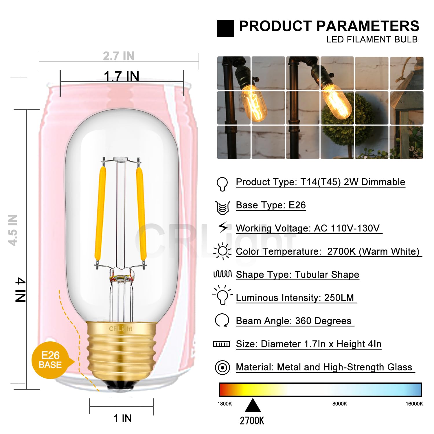 CRLight T14 Tubular LED Filament E26 Bulb, 2W 25W Equivalent 250LM 2700K Warm White, 6 Pack Dimmable Light Bulbs