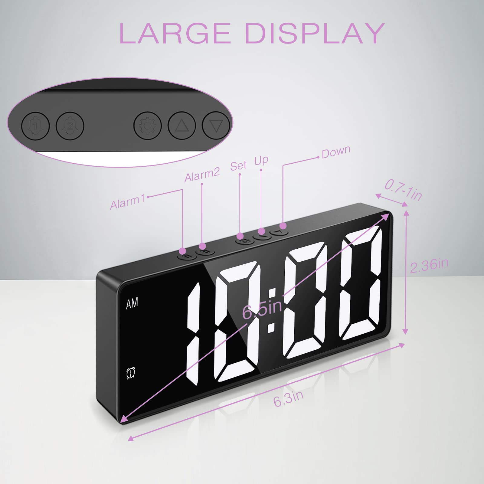 Digital Alarm Clock, Dual Alarm Clocks for Bedroom, 6.5ββ LED Alarm Clock for Kids, Elderly, Home, Office