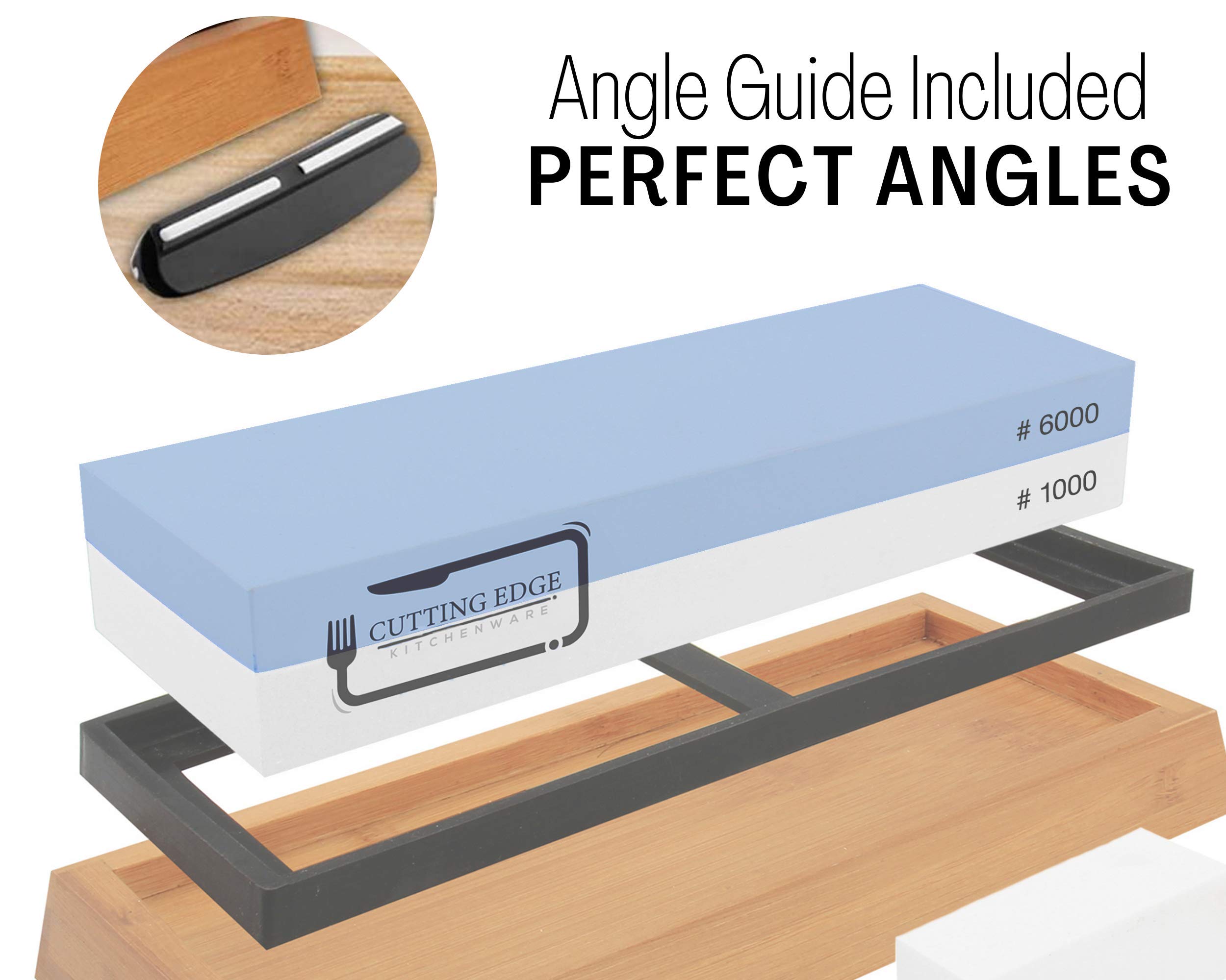 Cutting Edge Whetstones Knife Sharpening Stone 2 Side Grit 1000/6000 Waterstone | Chef knives Sharpener Stones Dual Sided Non Slip Bamboo Base | Angle Guide Flattening Water Stone for Home Kitchen