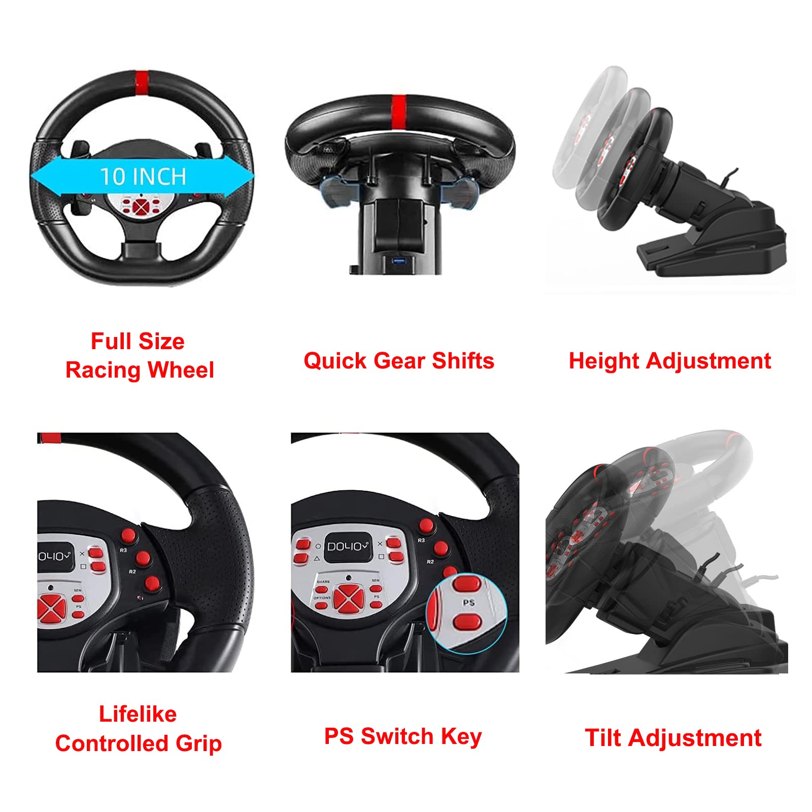 DOYO PS4 Steering Wheel and pedals and shifter, volante para PC, 180°gaming racing wheels Dual-Motor Feedback Driving Force for PS3/PS4/PC/Nintendo Switch/Android