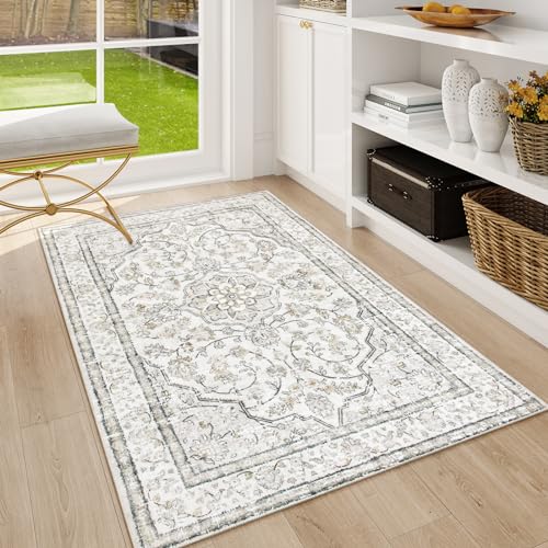 Lahome Oriental Washable Rug,3x5 Rug for Entryway Indoor Non-Slip,Ultra-Thin Soft Boho Area Rug for Bedroom,Traditional Vintage Low-Pile Entry Throw Rugs Mats for Bathroom Kitchen,(3x5ft,Beige)
