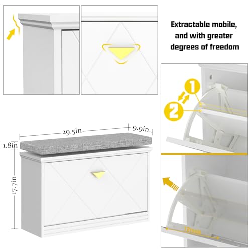 joibabe Shoe Cabinet with Flip Drawers, Shoe Bench with Removable Cushion, Free Standing Tipping Bucket Shoe Rack Organizer with Adjustable Shelf, Shoe Storage Cabinet