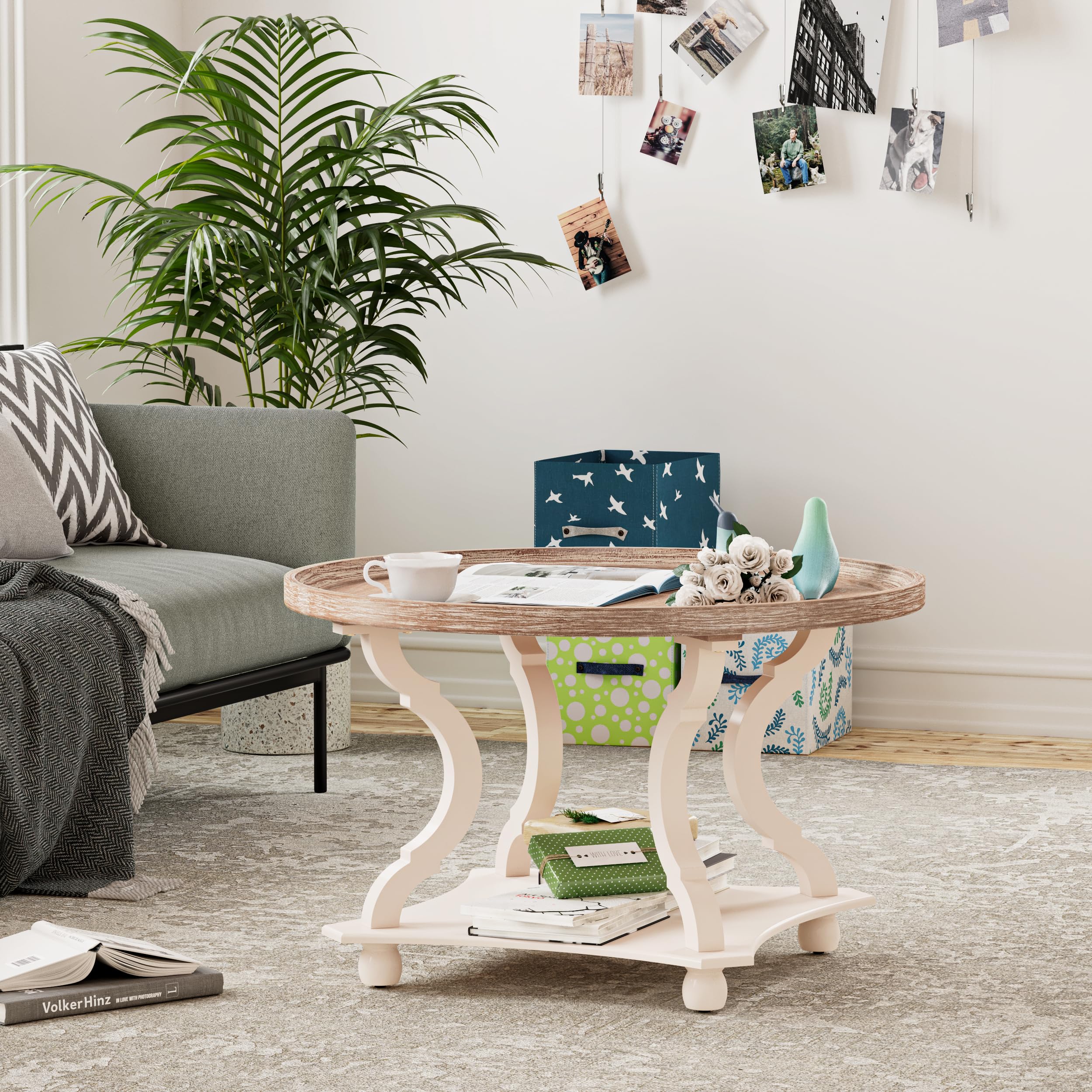 COZAYH Round Farmhouse Coffee Table with Handmade Finishes, Wood Tray Top Rustic Coffee Table for Added Thickness, Accent Table with Storage for Living,White 32βX32βX20β
