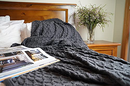 Knit Throw Blanket 60 x 50 inches | 100% Organic Cotton β GOTS Certified | Couch and Bed Throw Blankets | Knitted Throws | Adult Cable Knit (60 x 50 in, Charcoal)