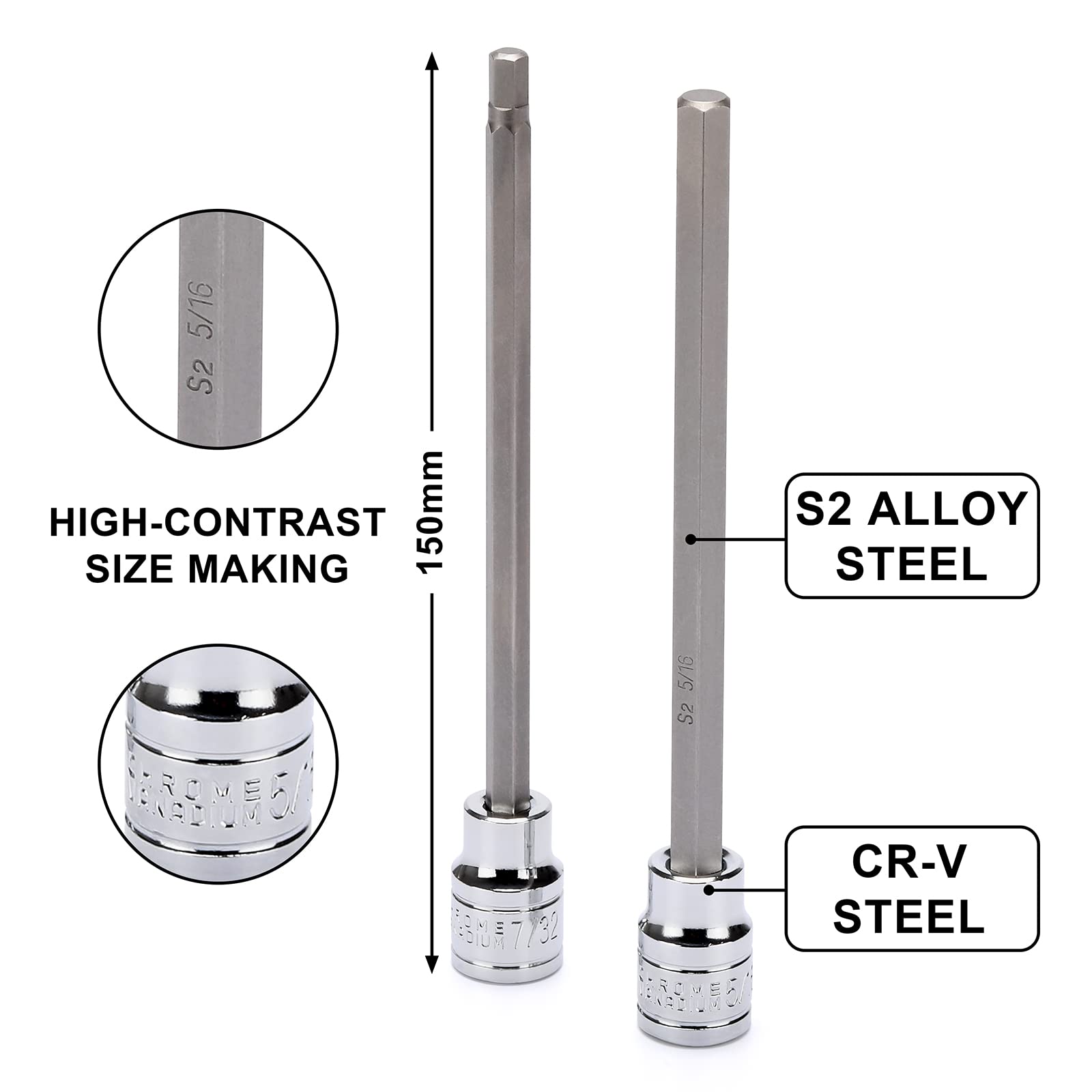 EMENTOL 18PCS 3/8" Drive Long Hex Bit Socket Set, CR-V, S2 Steel, SAE/Metric, Extra Long Allen Hex Bit Socket Set, 1/8 Inch - 3/8 Inch, 3mm - 10mm