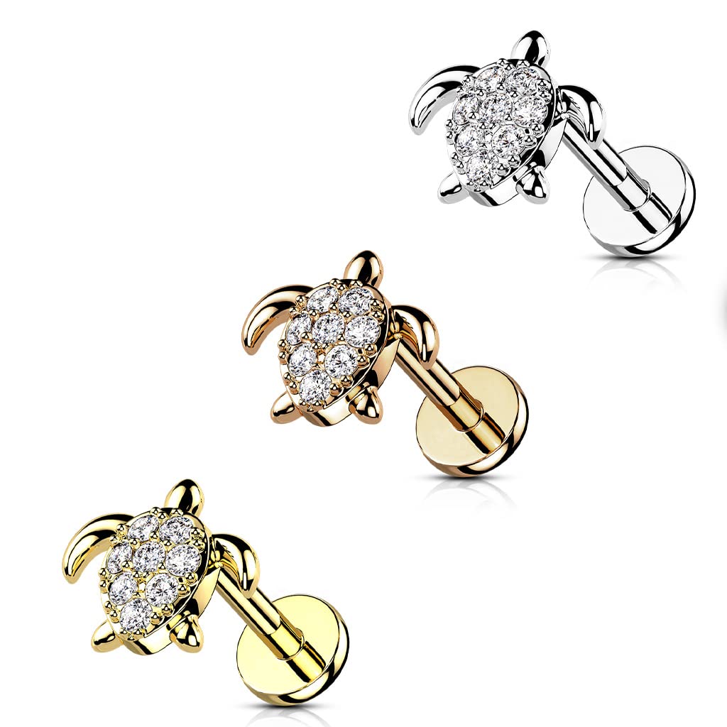 Dynamique CZ Paved Turtle Internally Threaded 316L Surgical Steel Flat Back Studs For Labret, Monroe, Cartilage And More (Sold Per Piece)