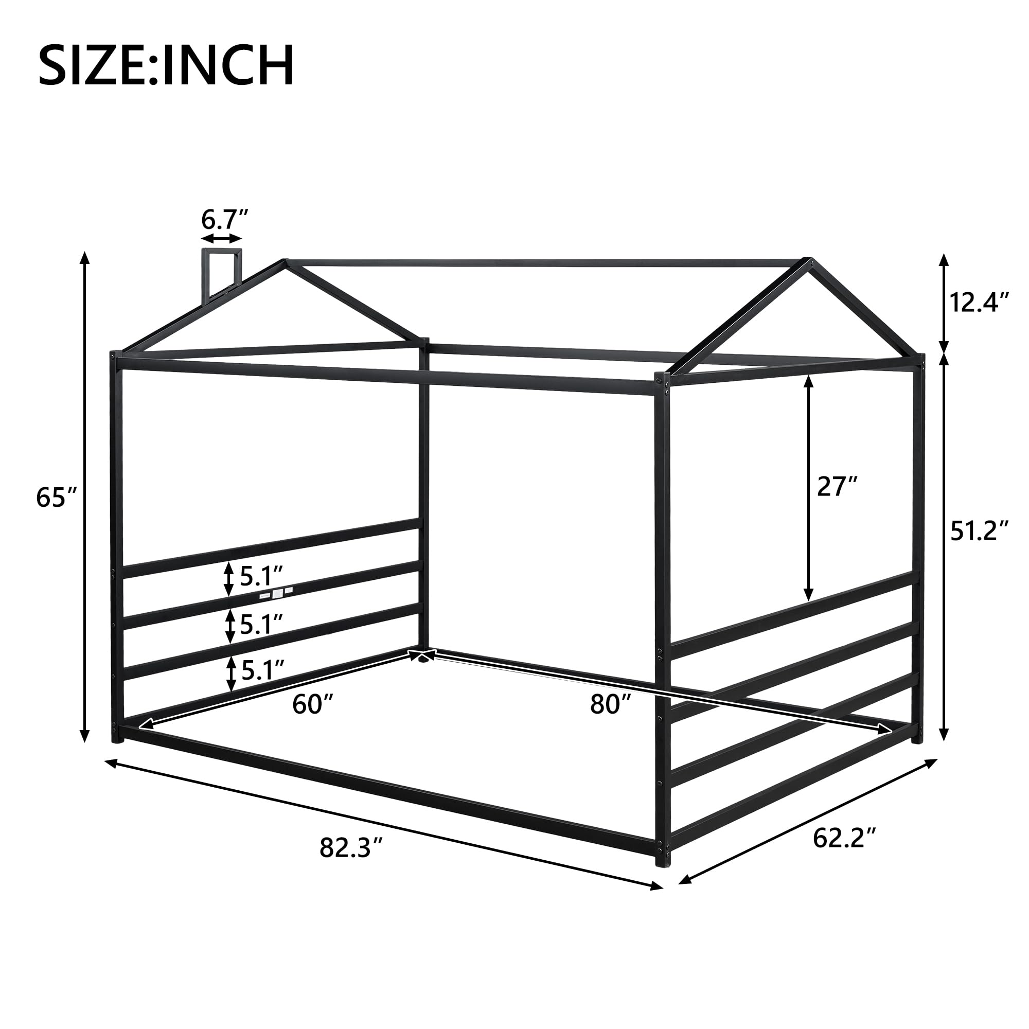 Merax Queen Size Metal House Bed with Roof, Floor Beds with Sturdy Steel Bedframe for Boys and Girls, No Box Spring Needed, Black