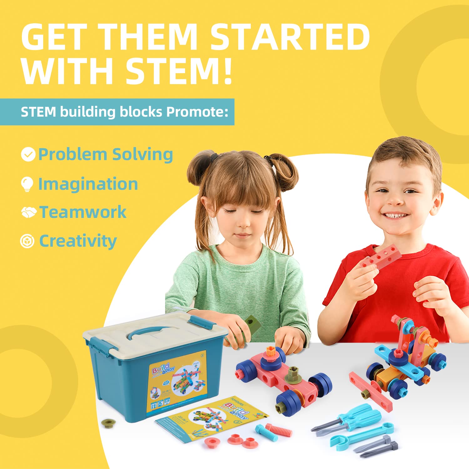 Erector Sets for Kids Ages 4-8, Easy Assembled 163 PCS Building Blocks, STEM Games for 4 5 6 7 8 Year Old Girls Boys Kids, Educational Building Toy STEM Kits with Tools, Design Guide, Storage Bin