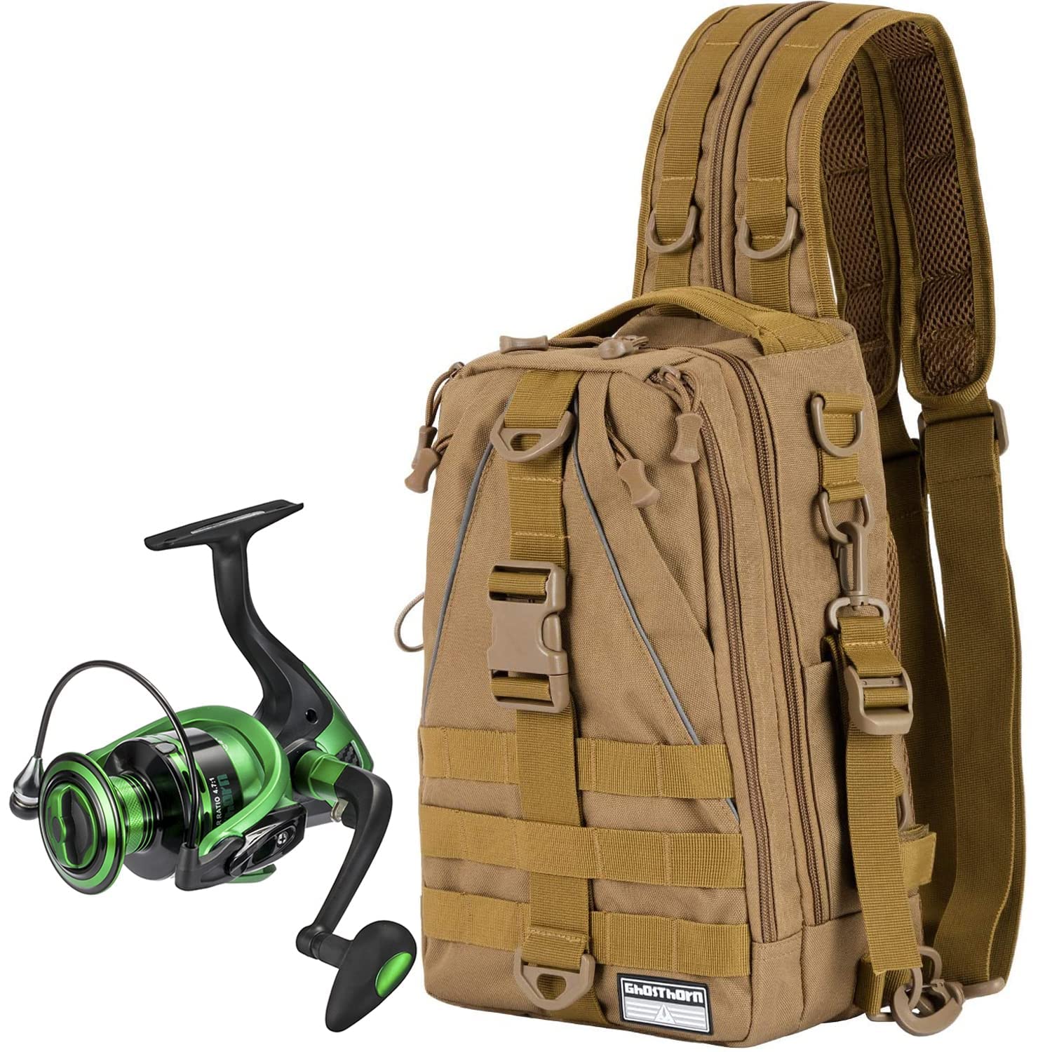 Ghosthorn Fishing Tackle Bag Backpack Standard with Spinning Fishing Reel GT 2000 Freshwater Saltwater